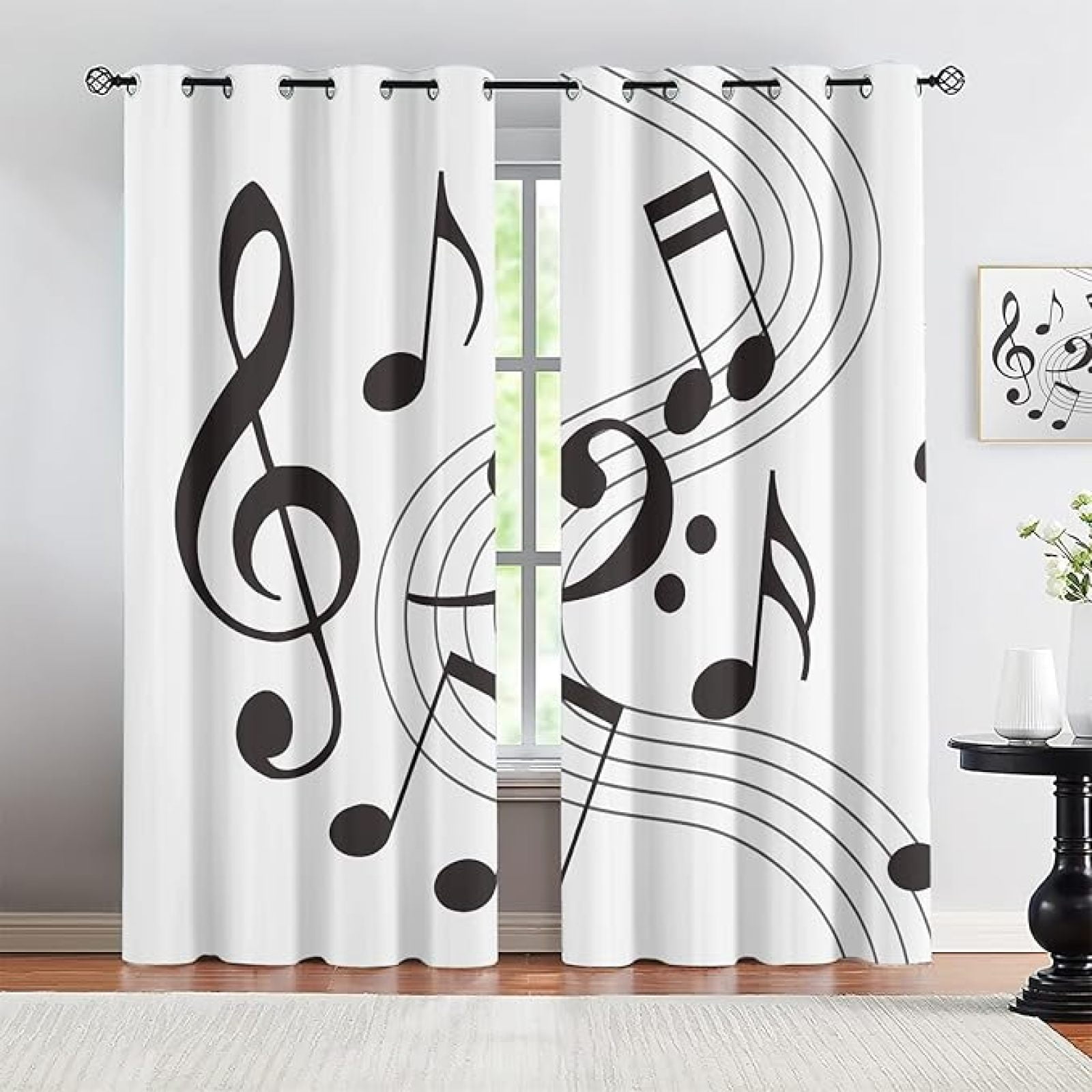 Black And White Music Symbols Blackout Curtains, Abstract Music Note ...