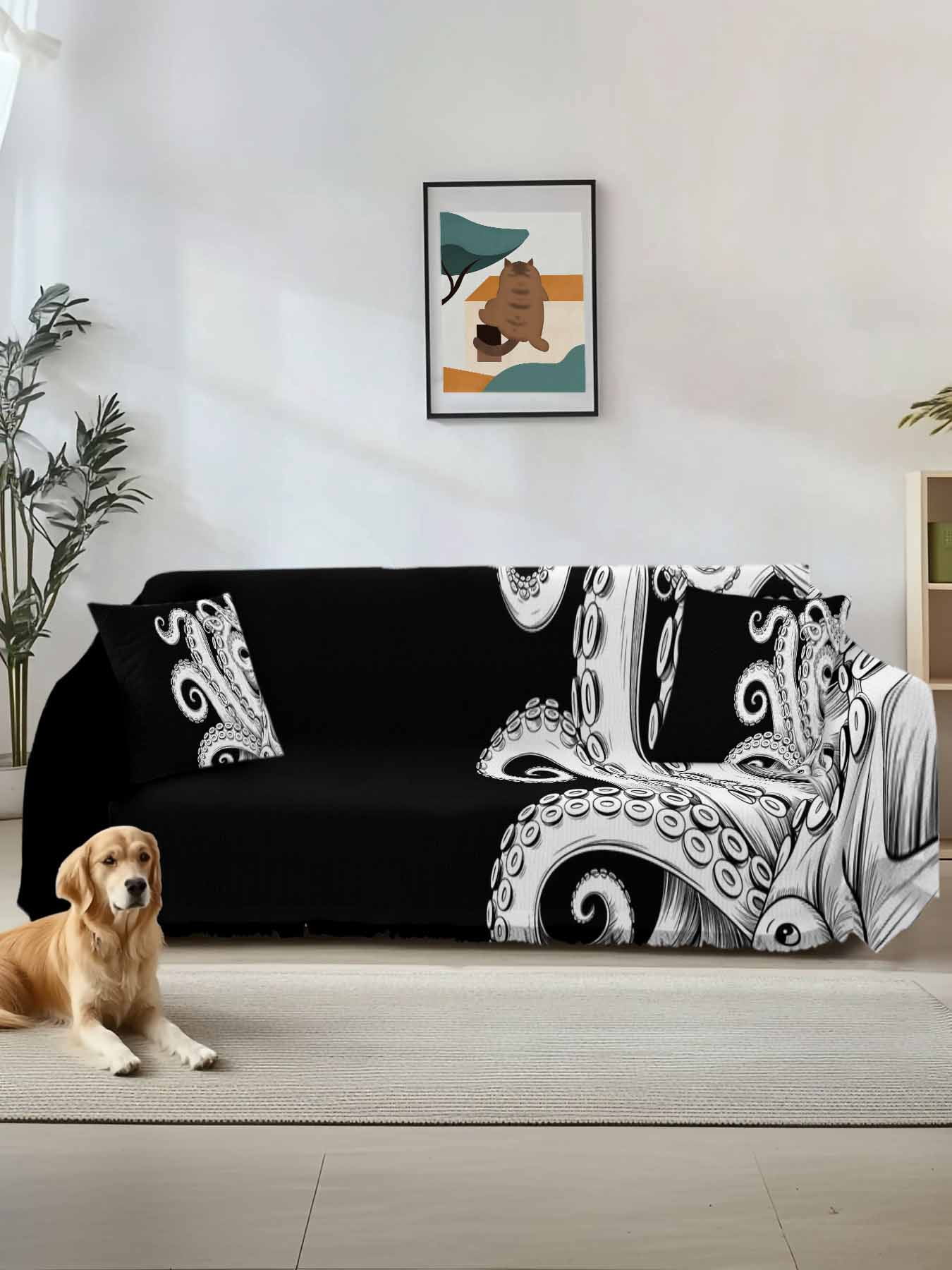 Black White Octopus Couch Cover Sofa Covers 3 Cushion Sectional Couch ...