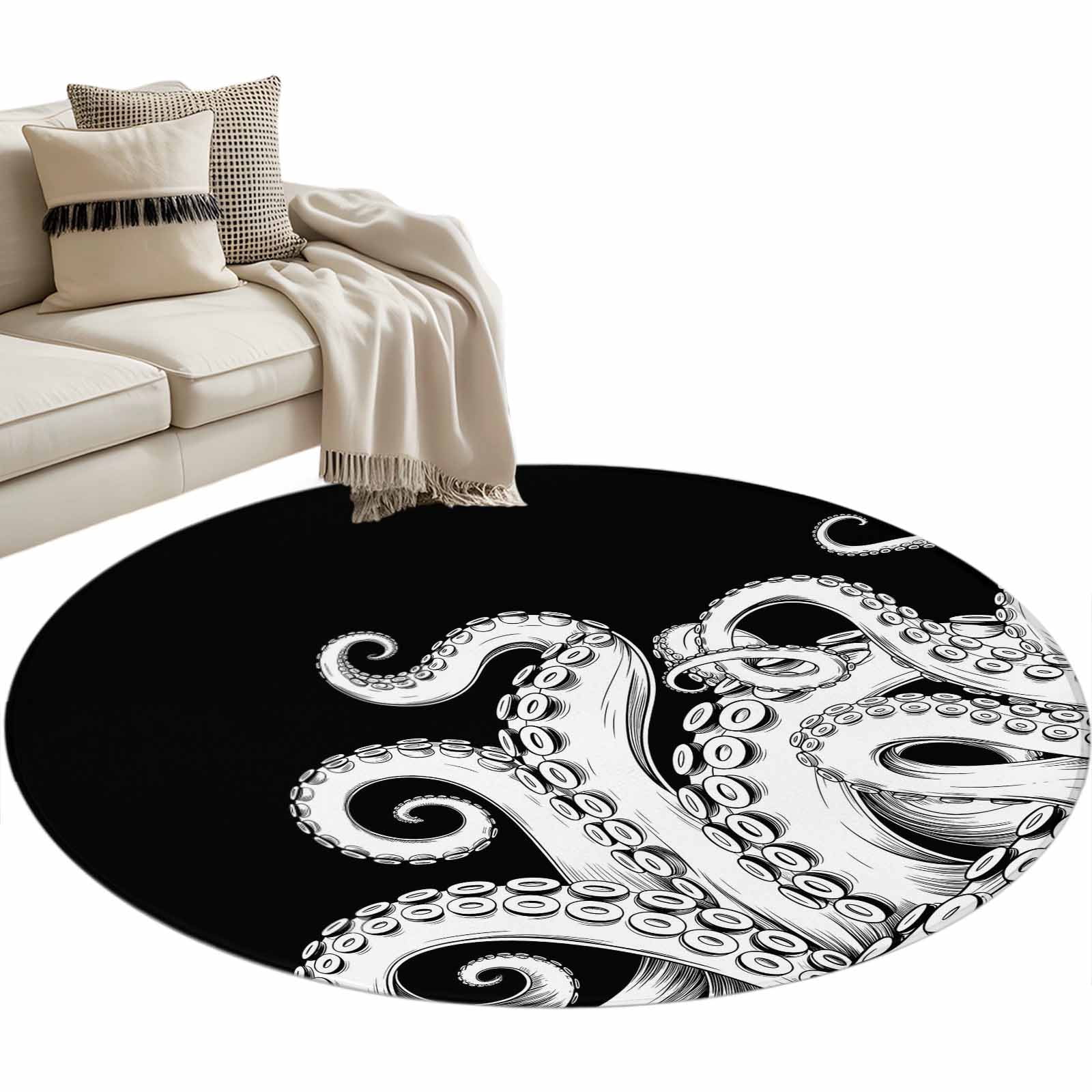 Black White Octopus Round Area Rugs Collection 3', Coastal Ocean ...
