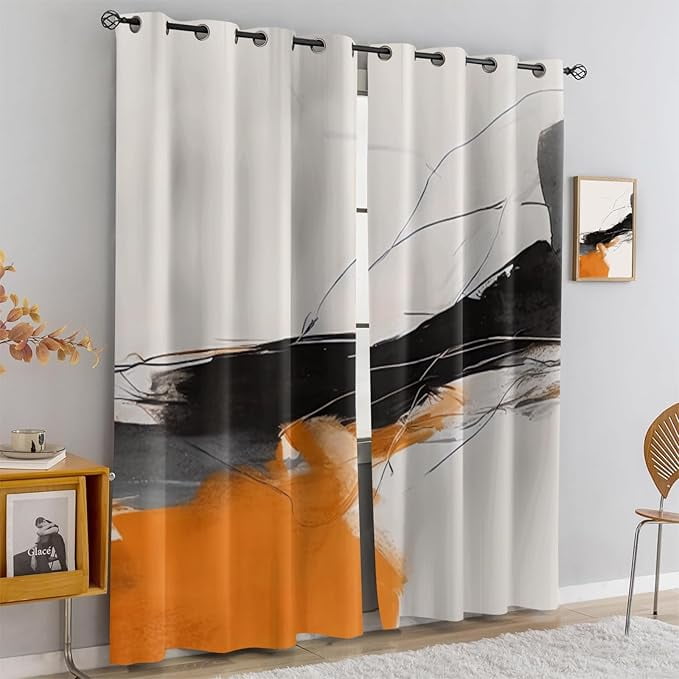 Black And White Orange Color Oil Painting Blackout Curtains, Abstract ...
