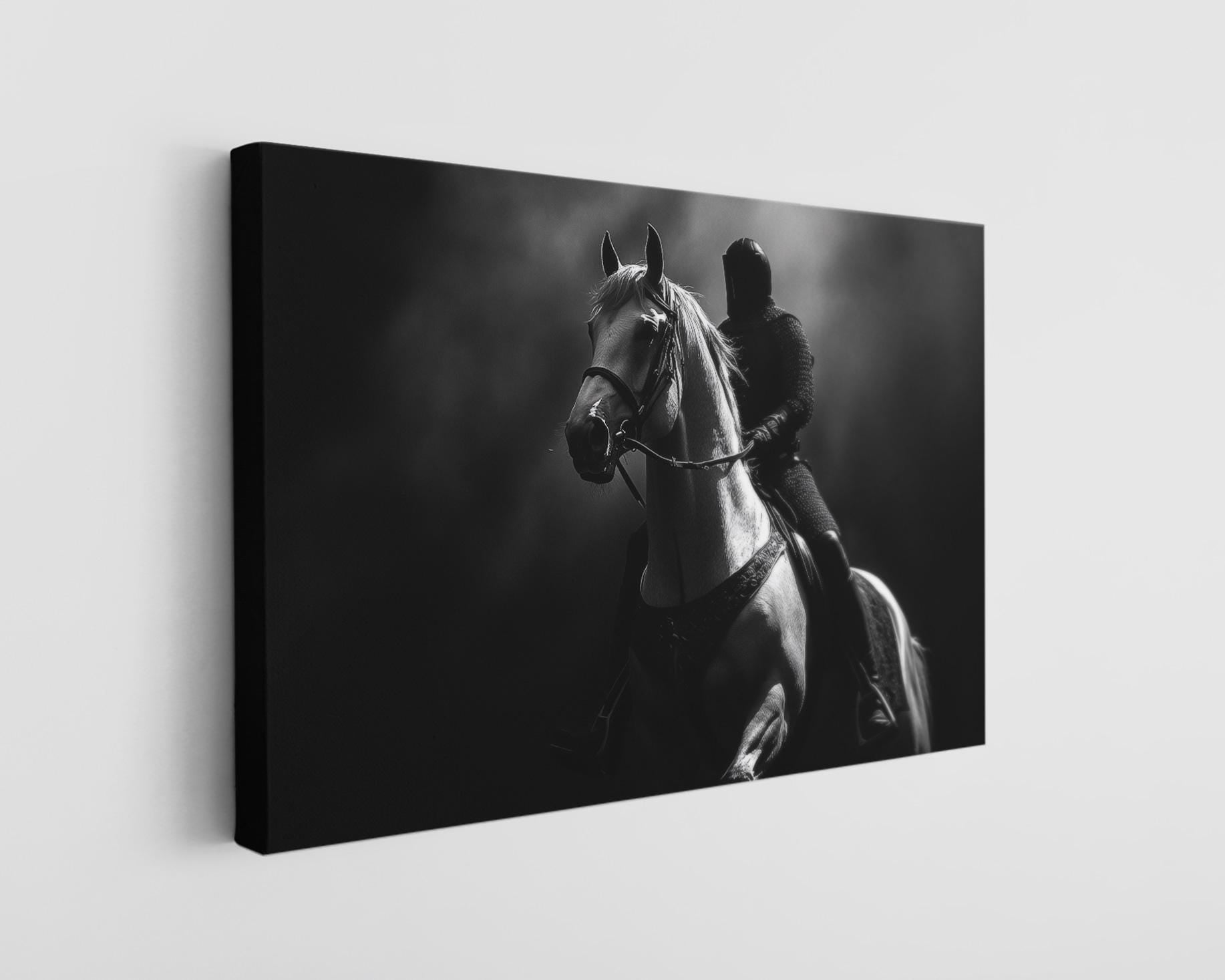 Black and White Painting of a Knight with His Horse Canvas Wall Art ...