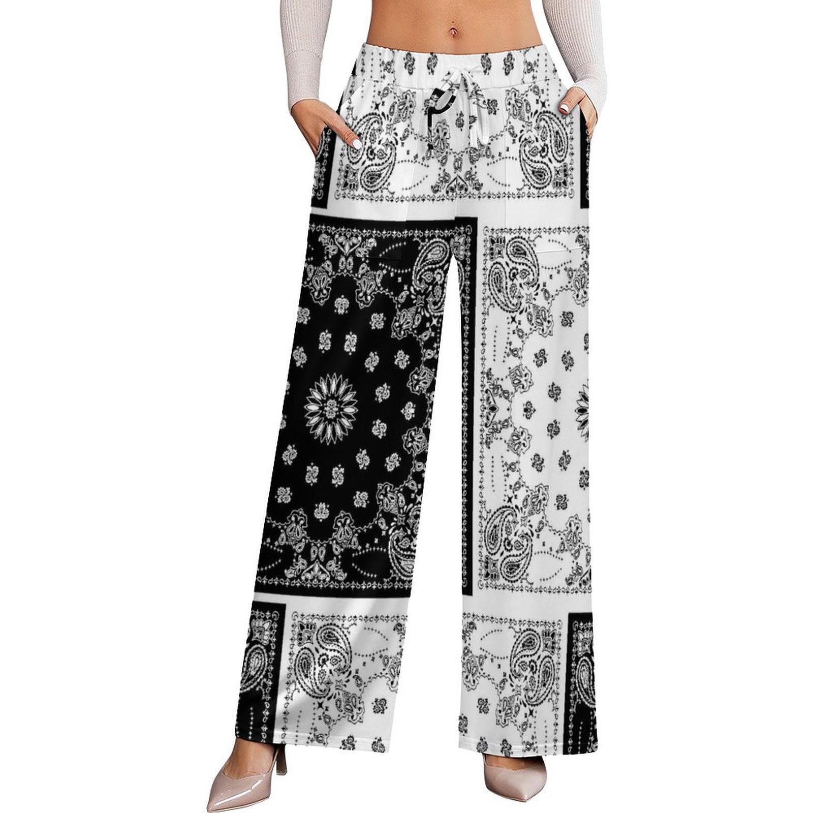 Black White Paisley Bandana Patterns Women's Casual Wide Leg Pants ...