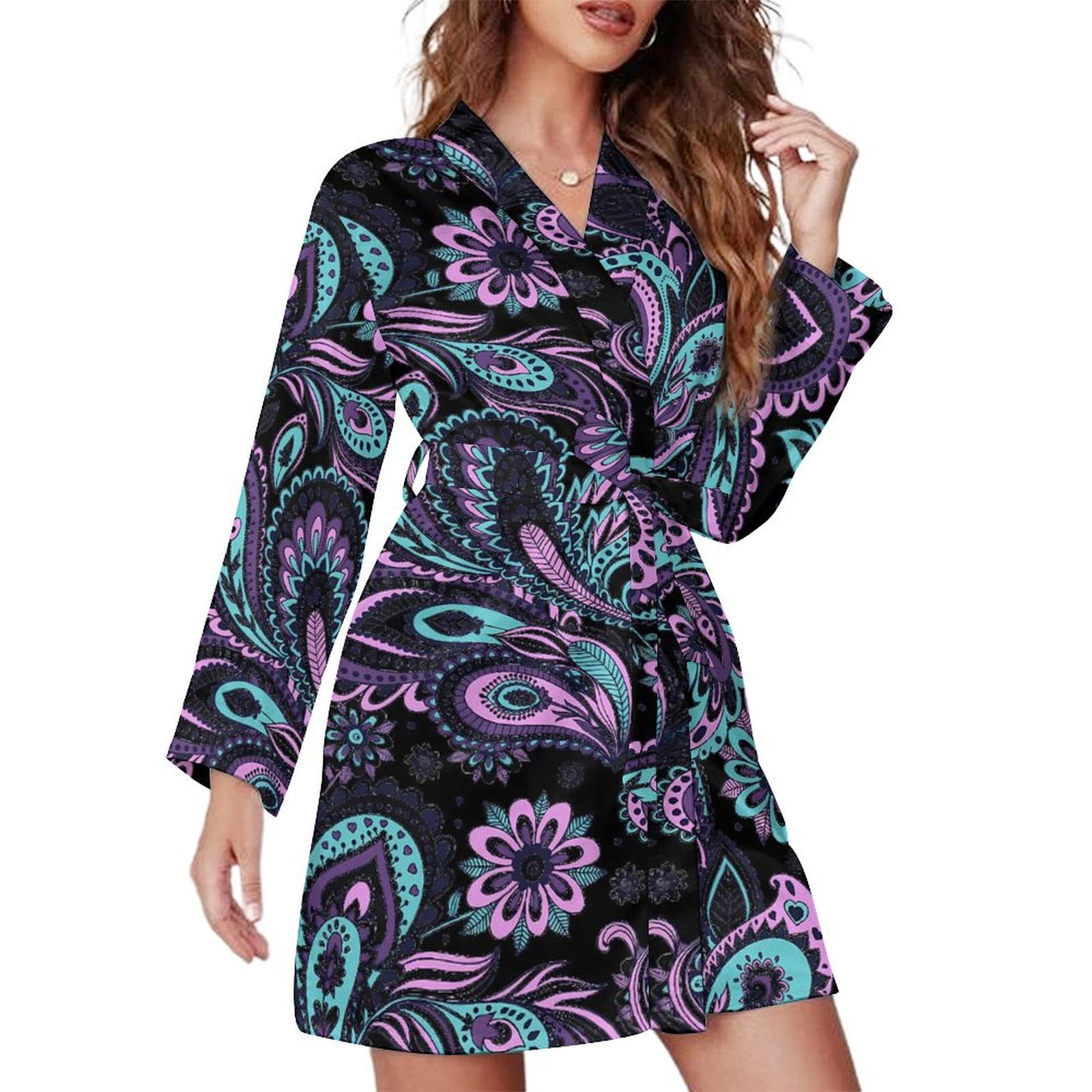 Black White Paisley Pajama Robe Female Vintage Floral Casual Loose ...