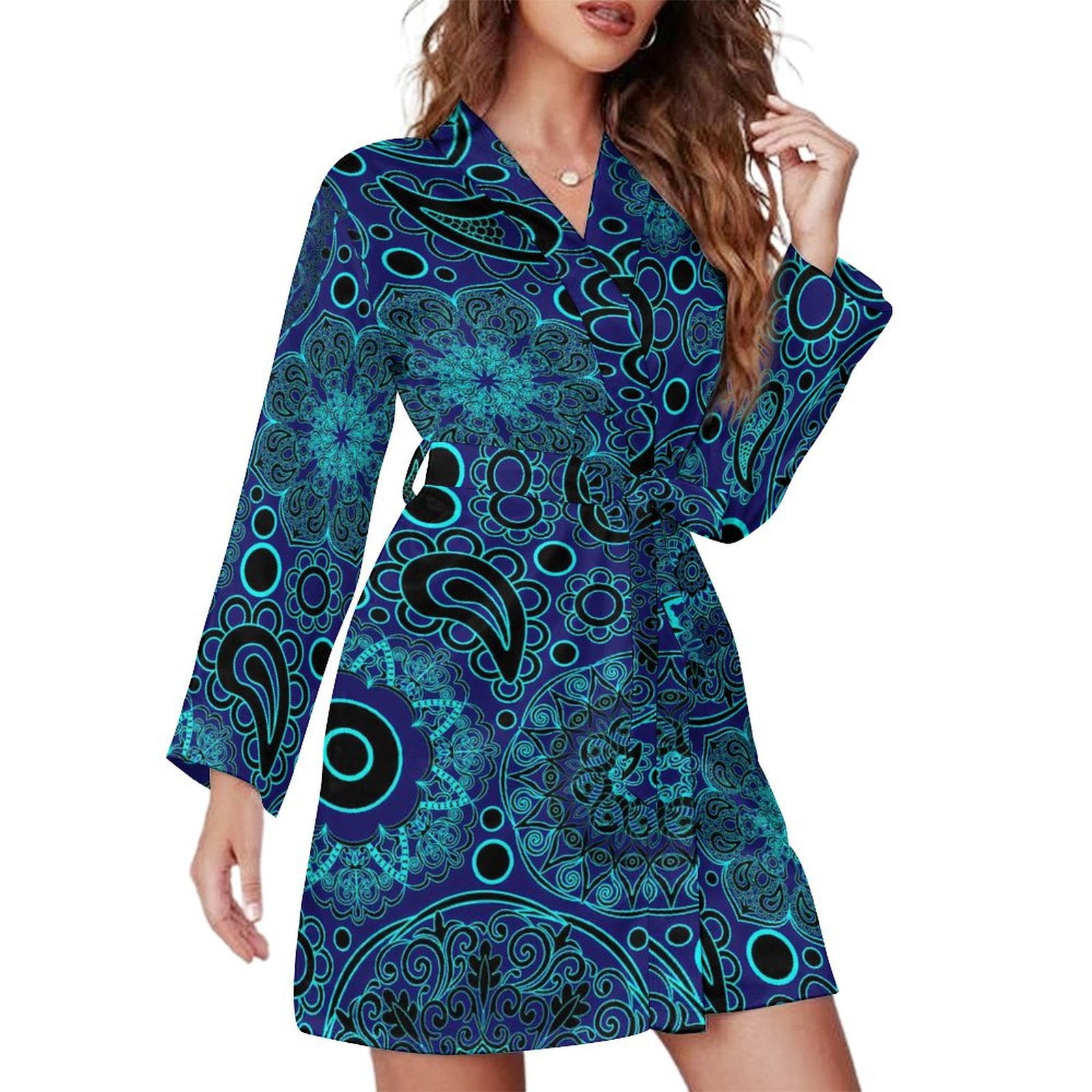 Black White Paisley Pajama Robe Female Vintage Floral Casual Loose ...