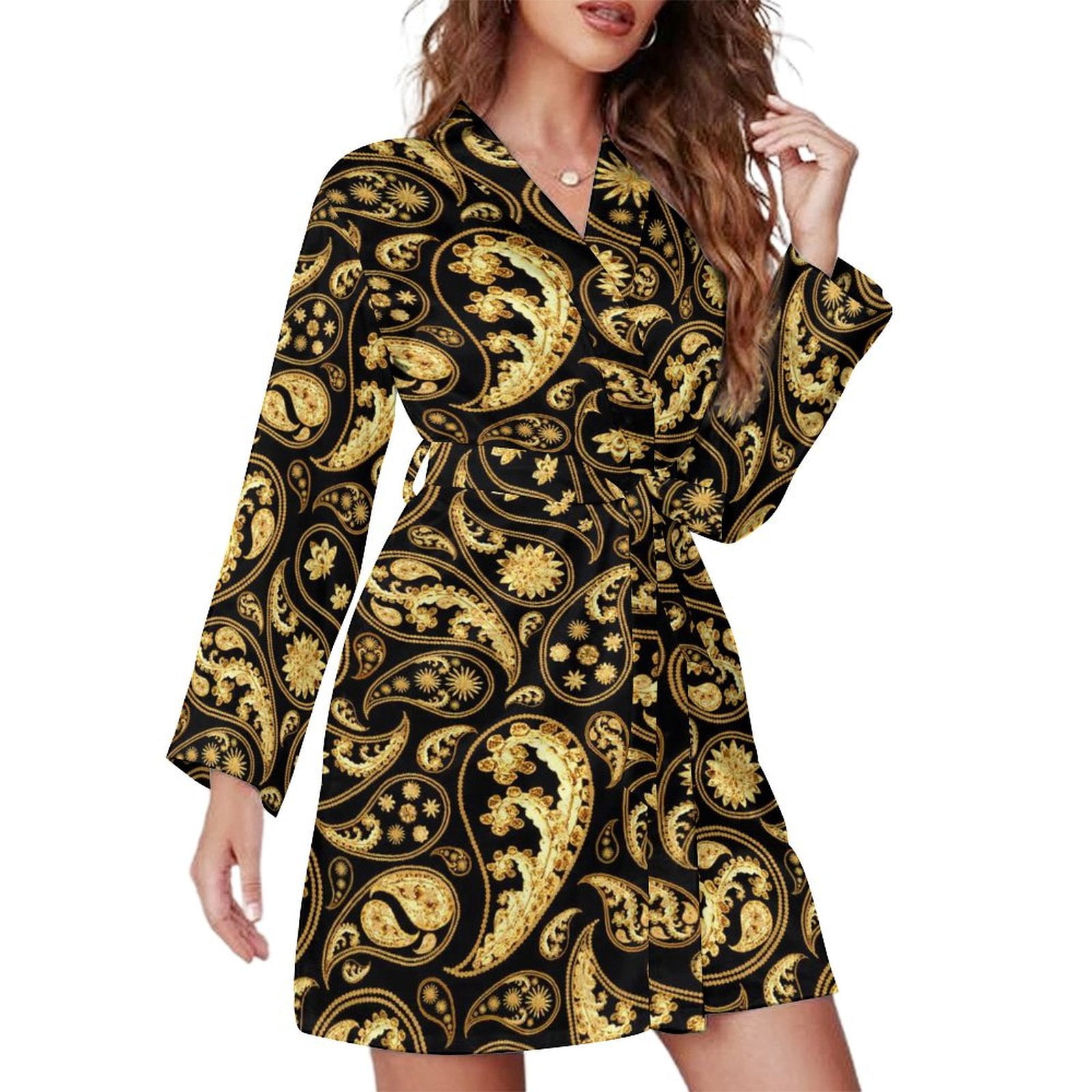 Black White Paisley Pajama Robe Female Vintage Floral Casual Loose ...