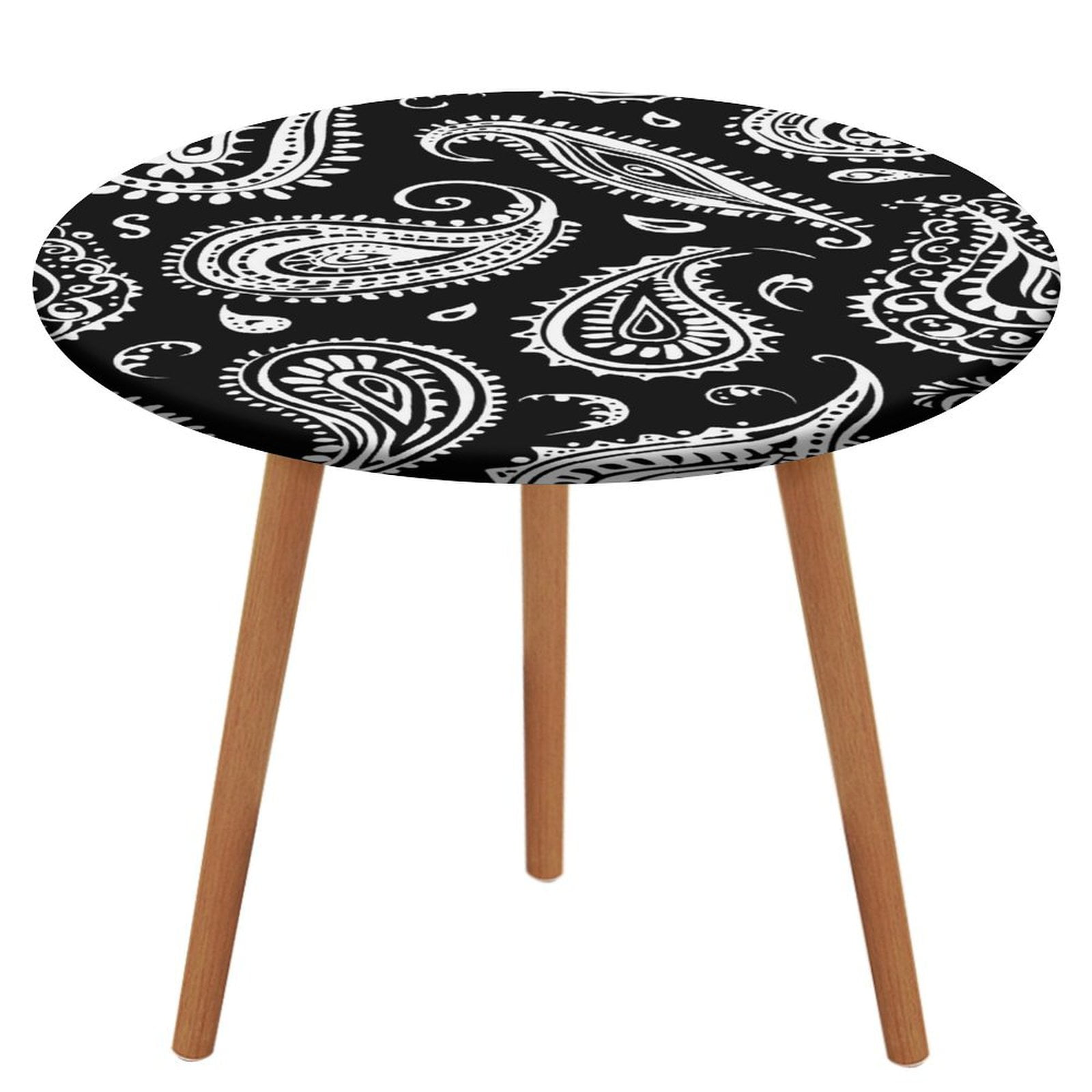 Black White Paisley Pattern Design Round Fitted Tablecloth with Elastic ...