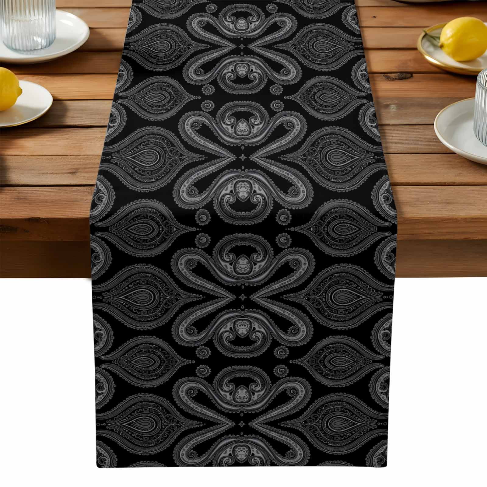 Black White Paisley Table Runner, Abstract Flower Kitchen Table Runners ...