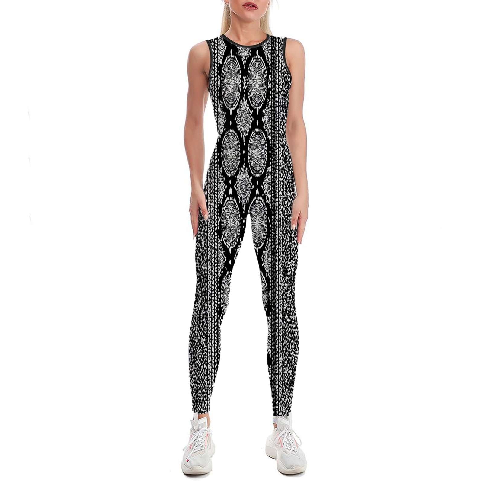 Black White Patterned Fabric Design Women's One Piece Yoga Jumpsuits ...