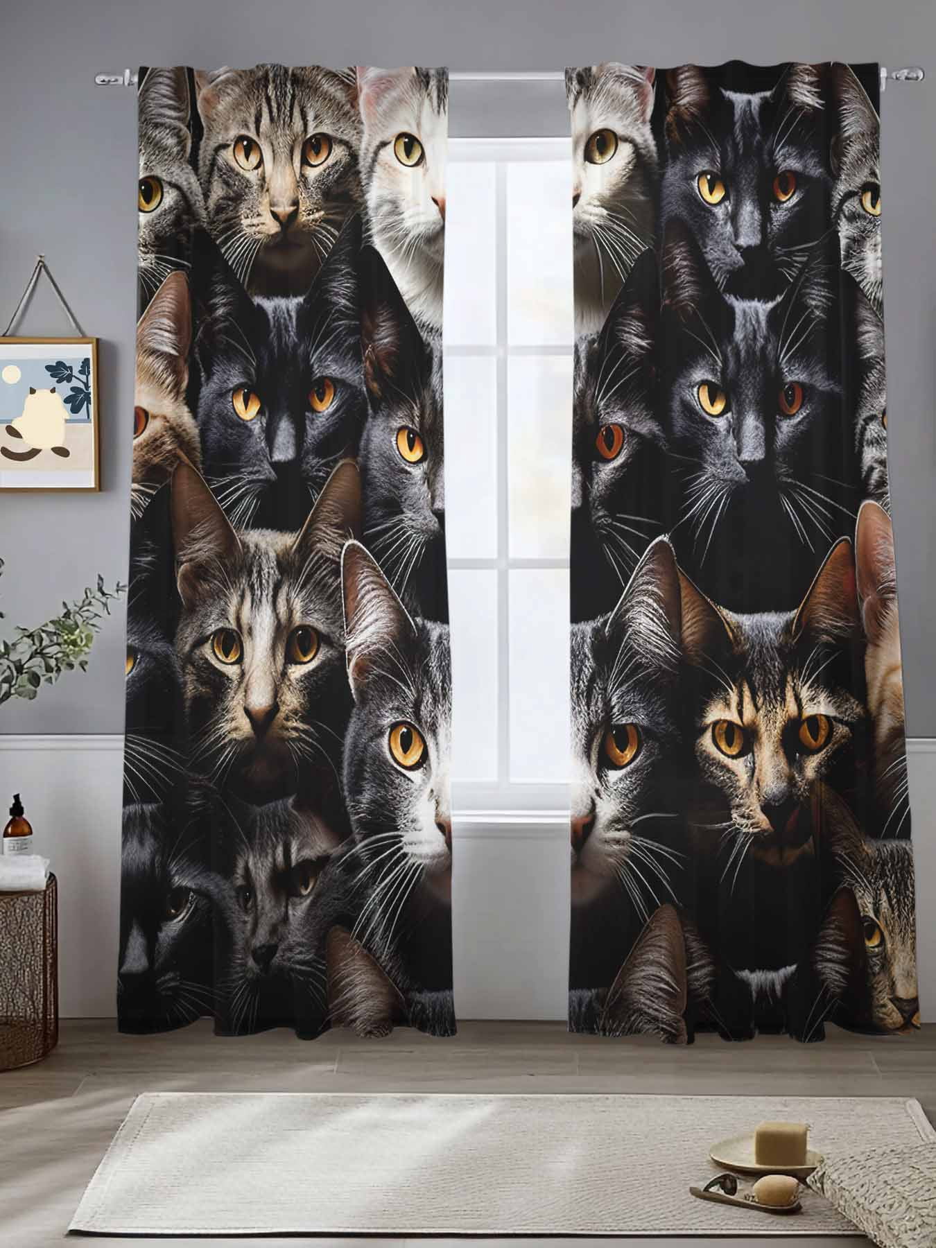 Black White Pet Cat Chiffon Sheer Curtains 84 Inches Long Cat's Eyes ...
