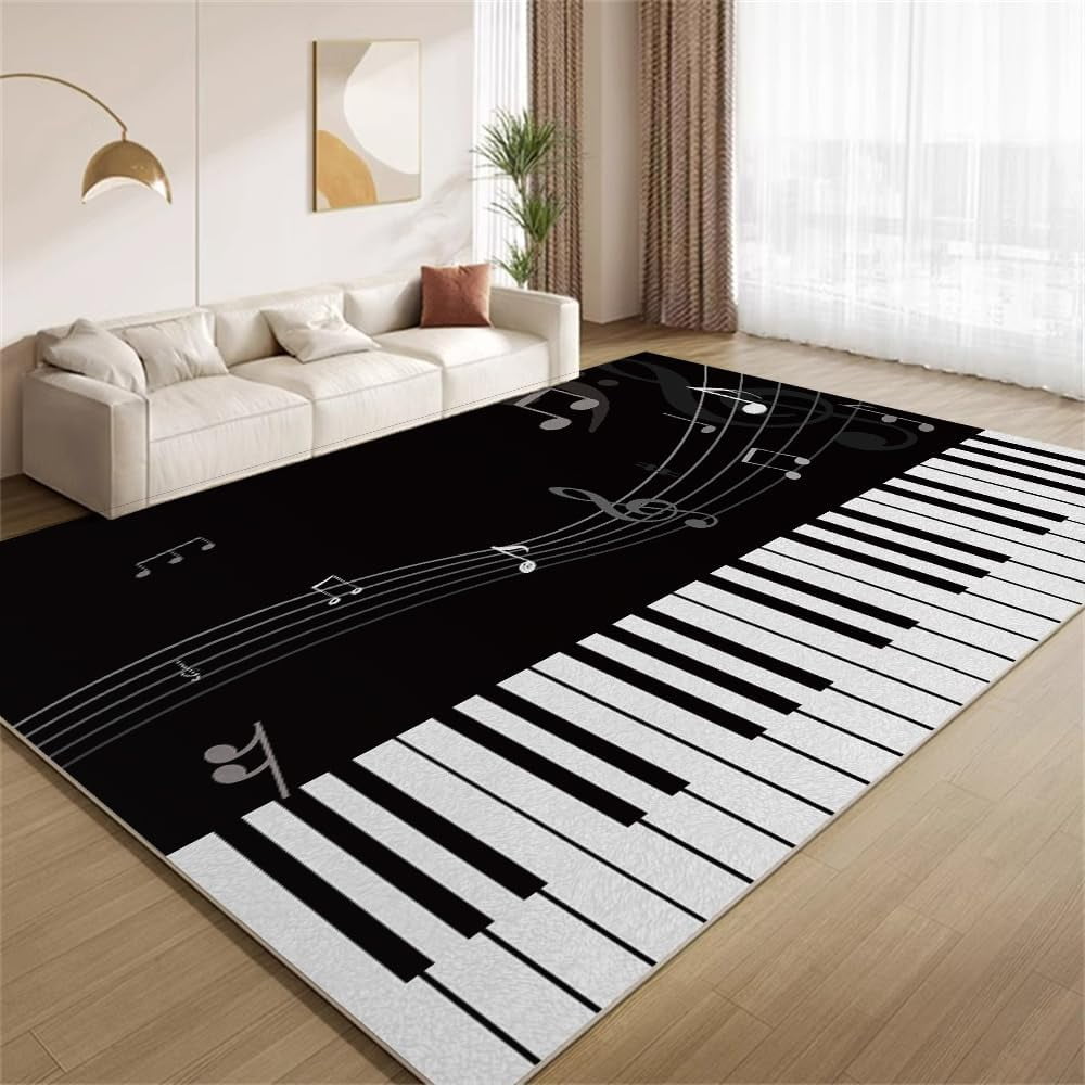 Black White Piano Area Rug Musical Note Sheet Music Rugs Simple Stylish ...
