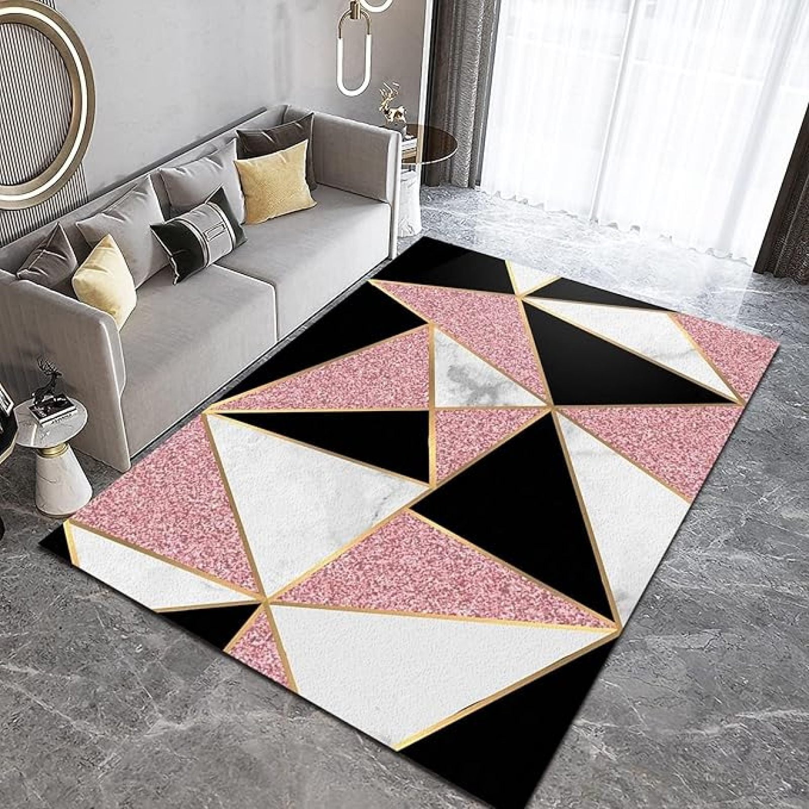 Black And White Pink Geometric Area Rugs, Triangular Patchwork Carpet ...