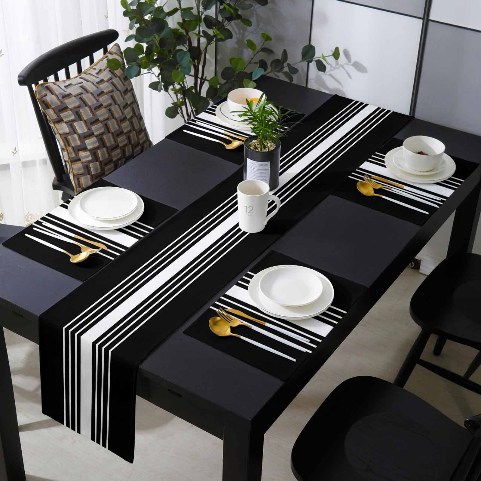 Black White Placemats Set of 6 with 90 Inches Long Table Runners,Modern ...