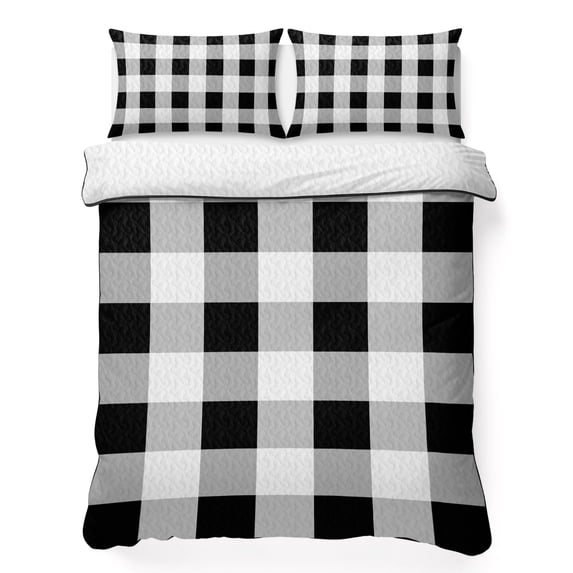 Black White Plaid 3 Piece Quilt Bedding Set with 2 Pillow Shams, Simple ...