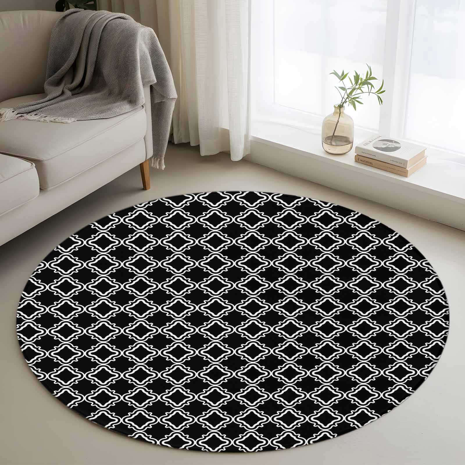 Black White Plaid 4FT Round Area Rugs Abstract Black Morocco Texture ...