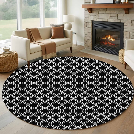 Black White Plaid 5FT Round Area Rugs for Living Room Abstract Black ...