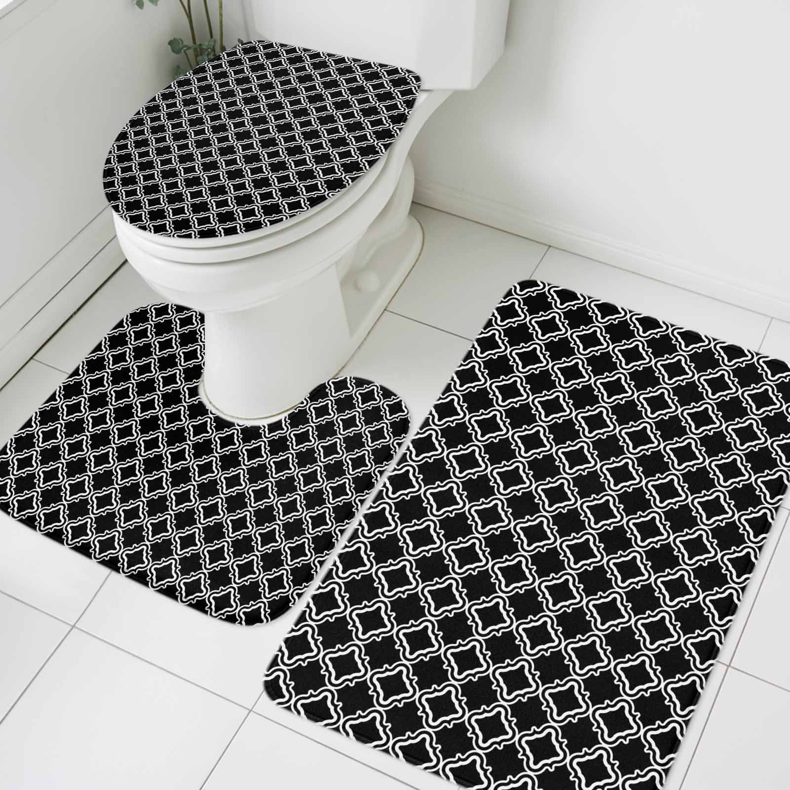 Black White Plaid Bathroom Rugs Set Abstract Black Morocco Texture Non ...