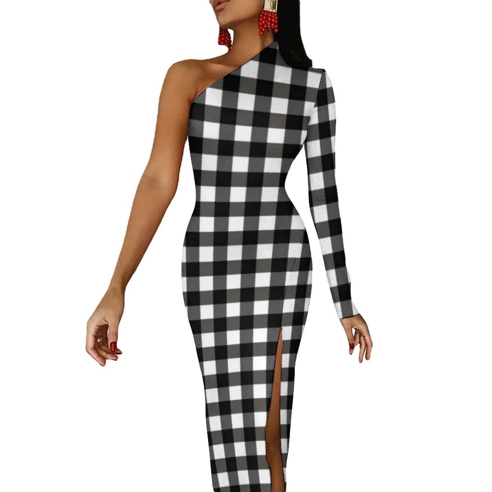 Black White Plaid Bodycon Dress Women Checkerboard Print Maxi Dress ...