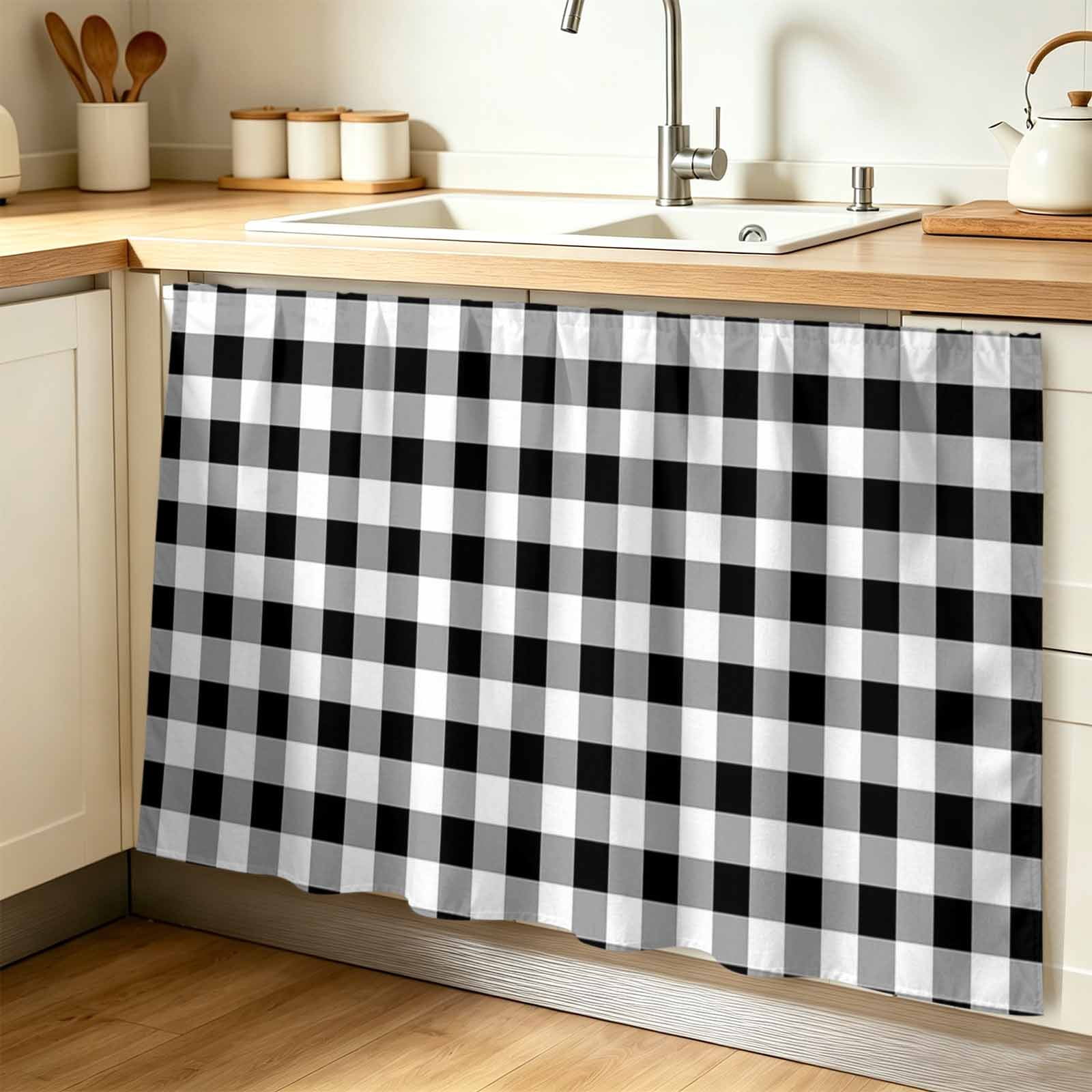 Black and White Plaid Cabinet Curtain 32"Wx55"L, Dustproof Pantry Door ...