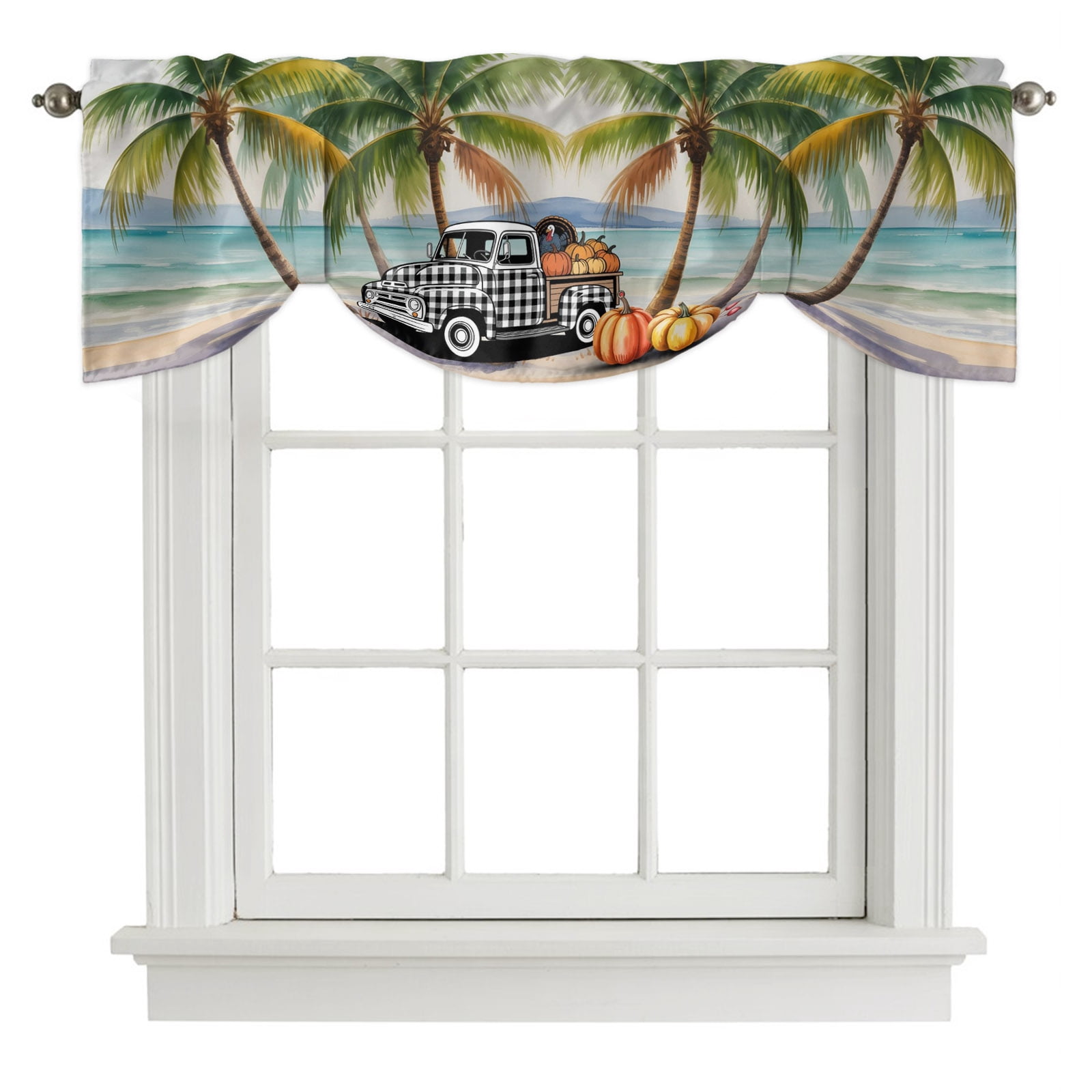 Black White Plaid Car Tie Up Valance Curtains Orange Pumpkin Palm Trees ...