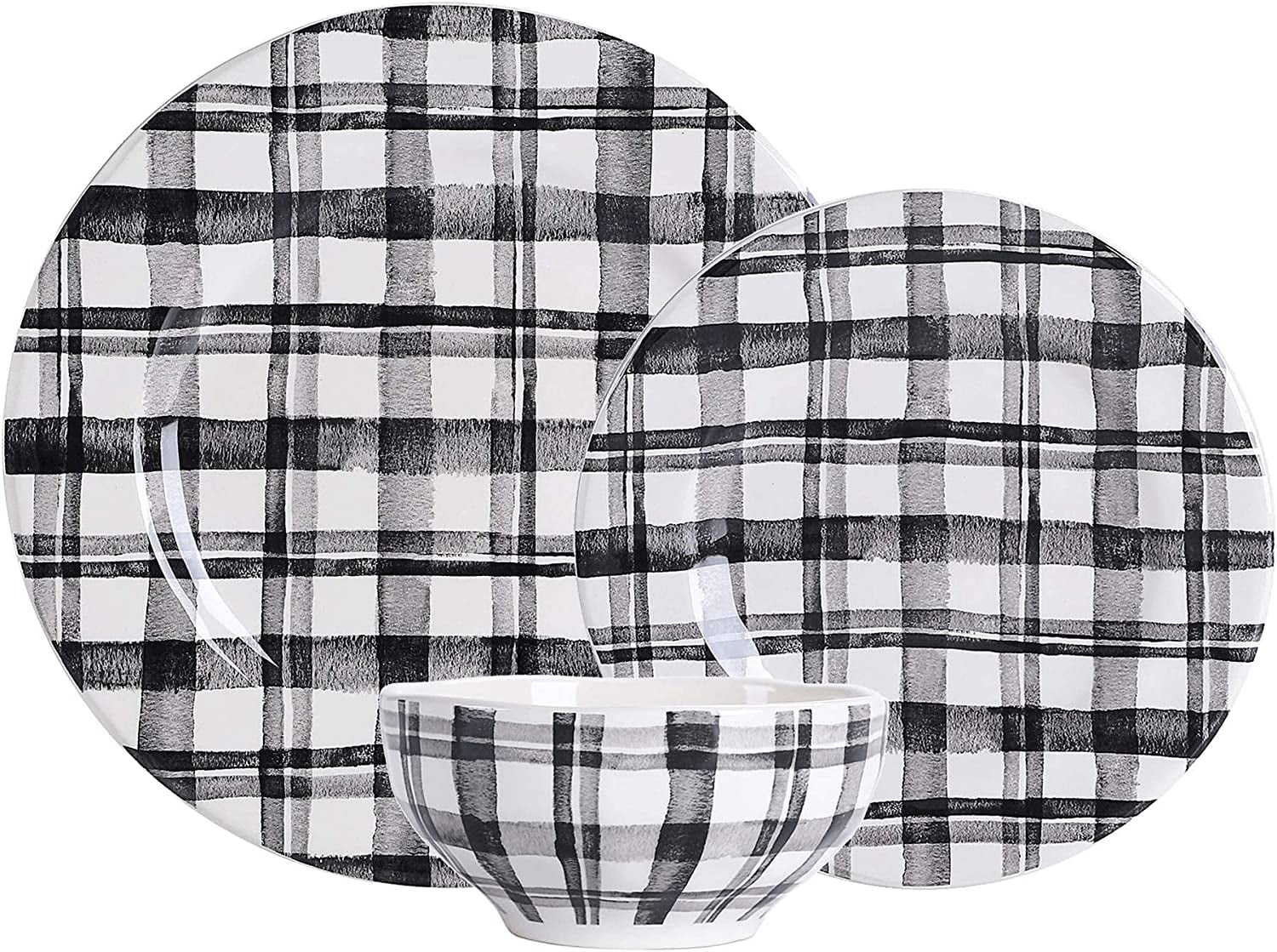 Black and White Plaid Ceramic 12 pcs Dinnerware Set, Service for 4, Inclusive of 11 inch Dinner ...