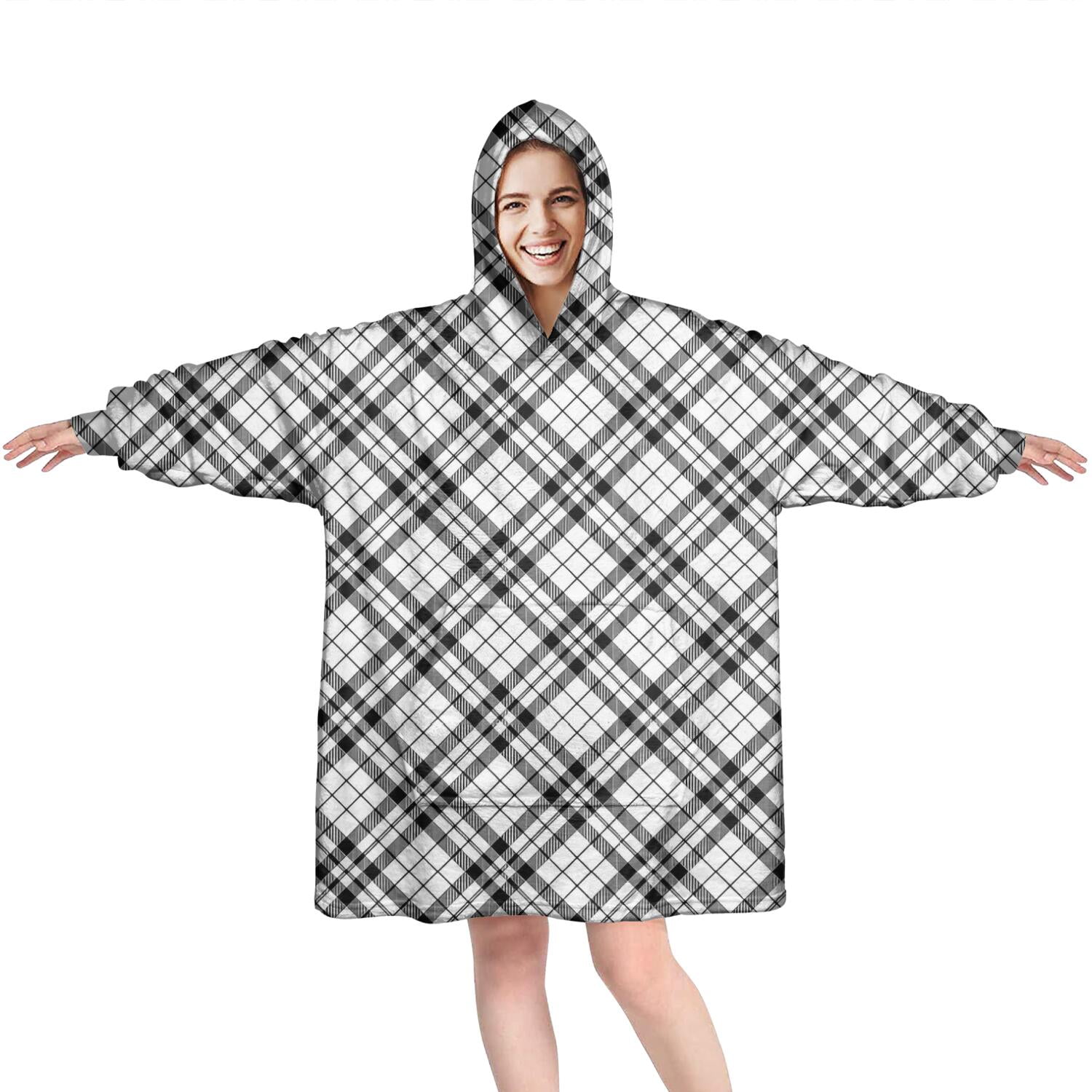 Black White Plaid Checkered Pattern Wearable Oversized Blanket,Wearable ...
