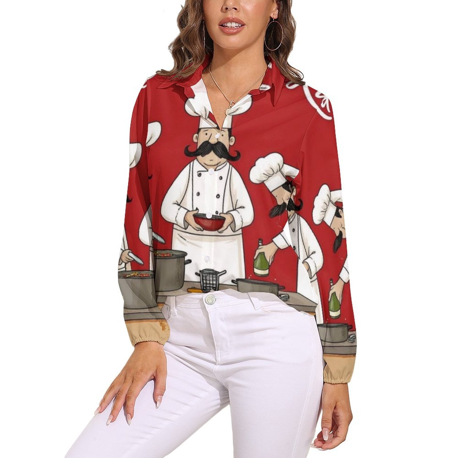 Black White Plaid Chefs Kitchen Food Retro-1 Long Sleeve Blouse Woman ...