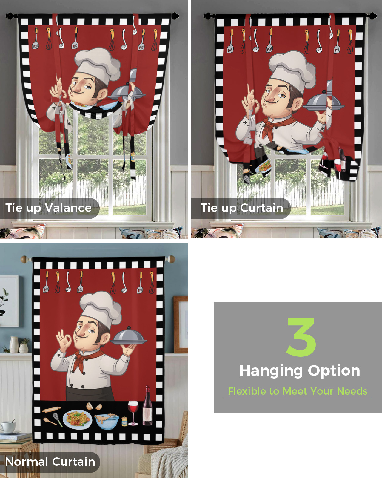 Black White Plaid Chefs Kitchen Food Retro Curtains for Living Room ...