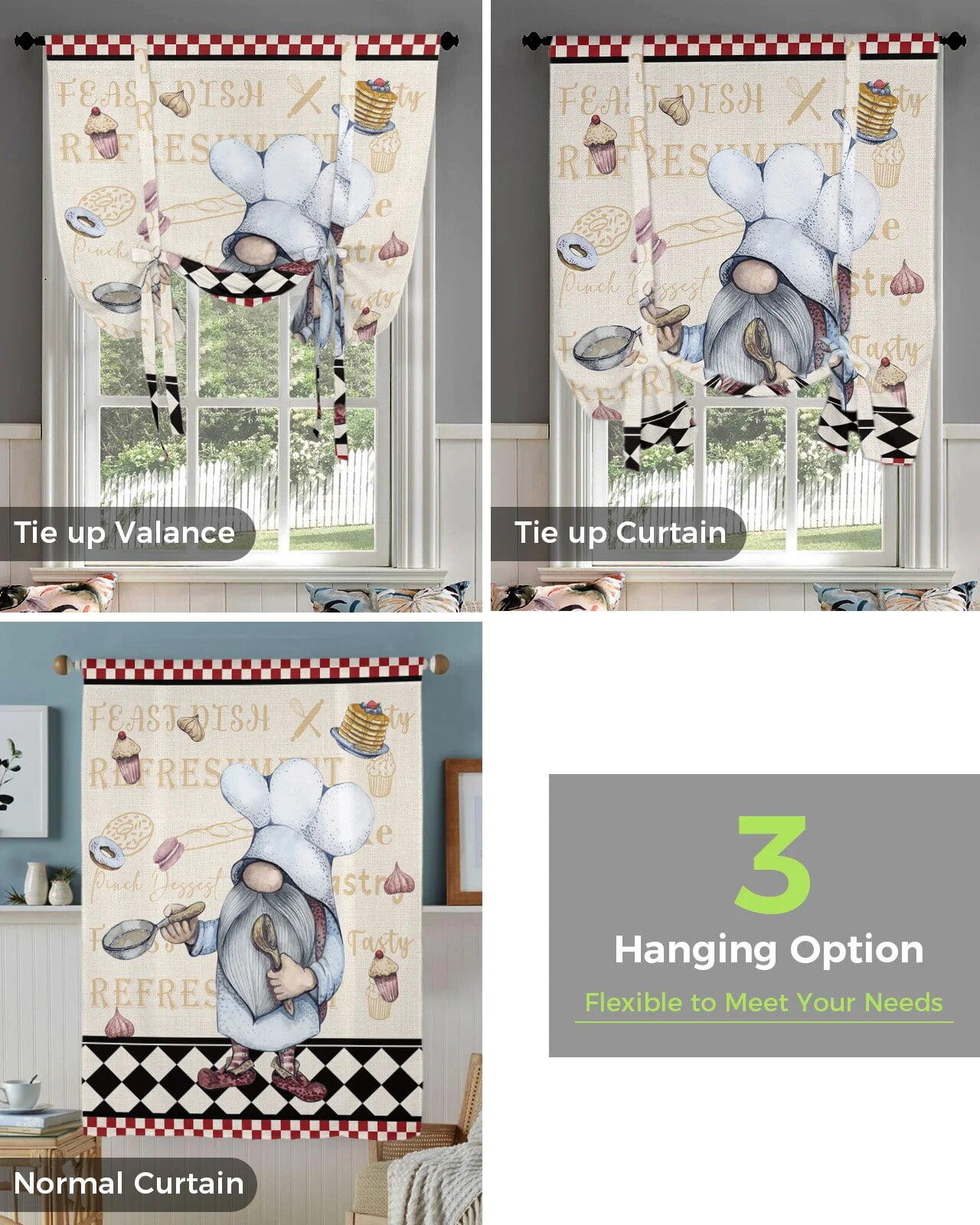 Black White Plaid Chefs Kitchen Food Retro Curtains for Living Room ...