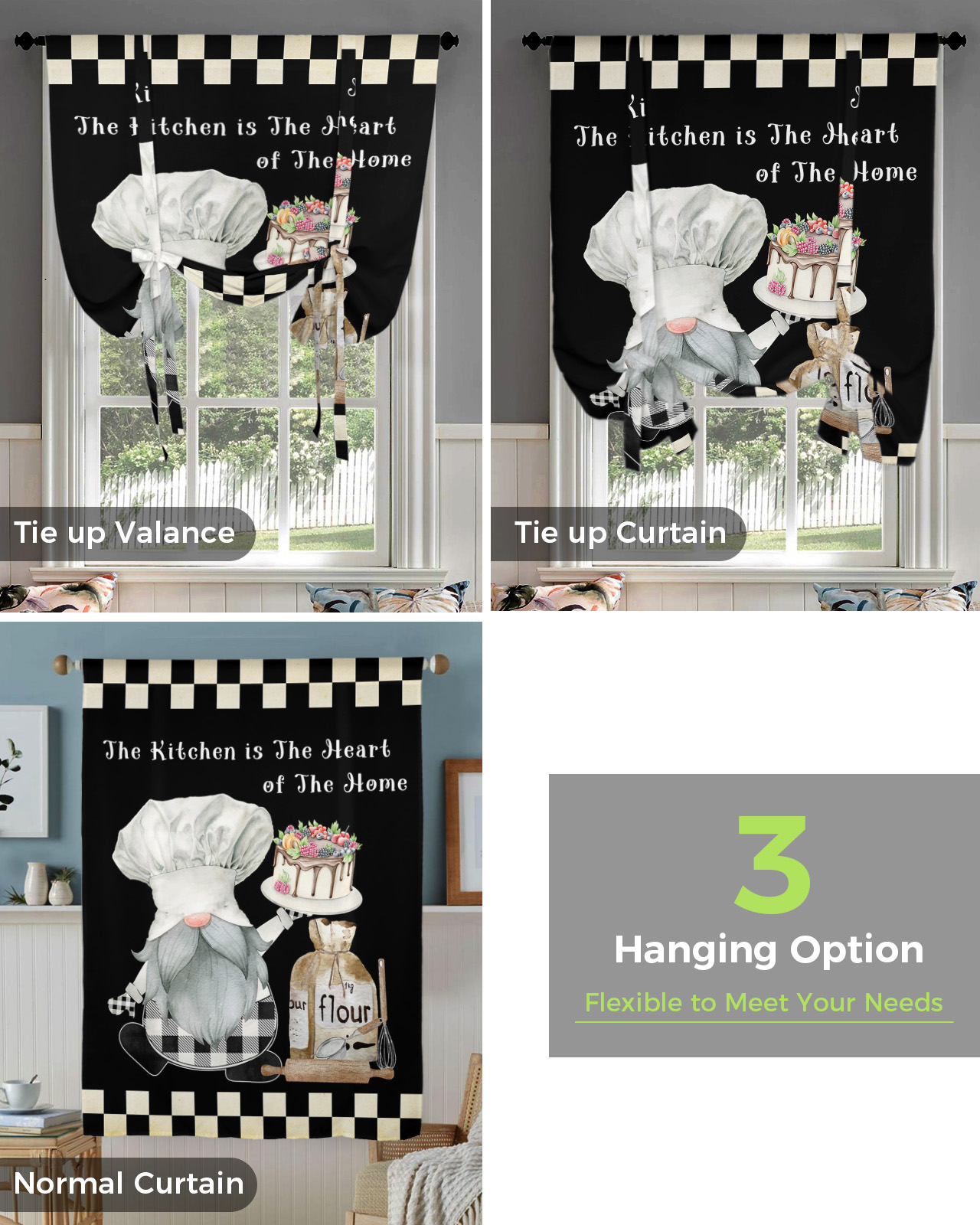 Black White Plaid Chefs Kitchen Food Retro Curtains for Living Room ...