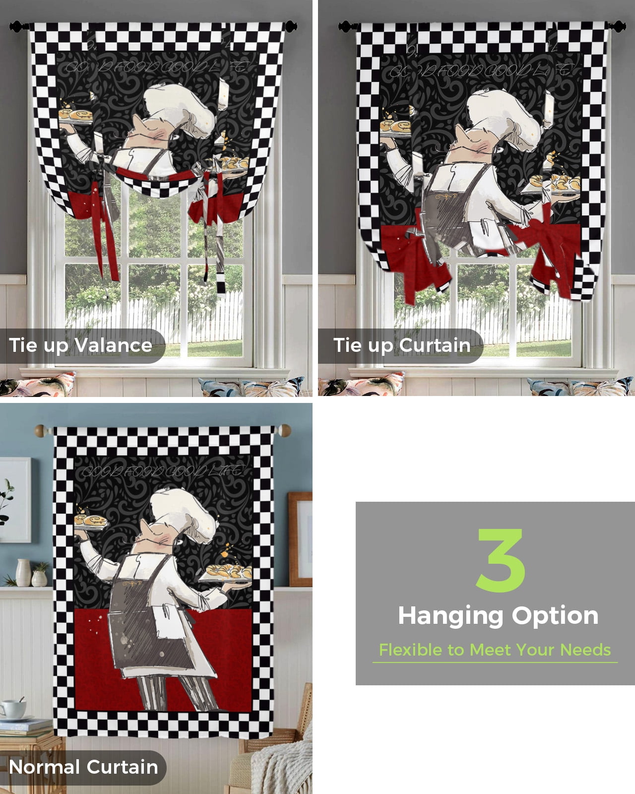 Black White Plaid Chefs Kitchen Food Retro Curtains for Living Room ...