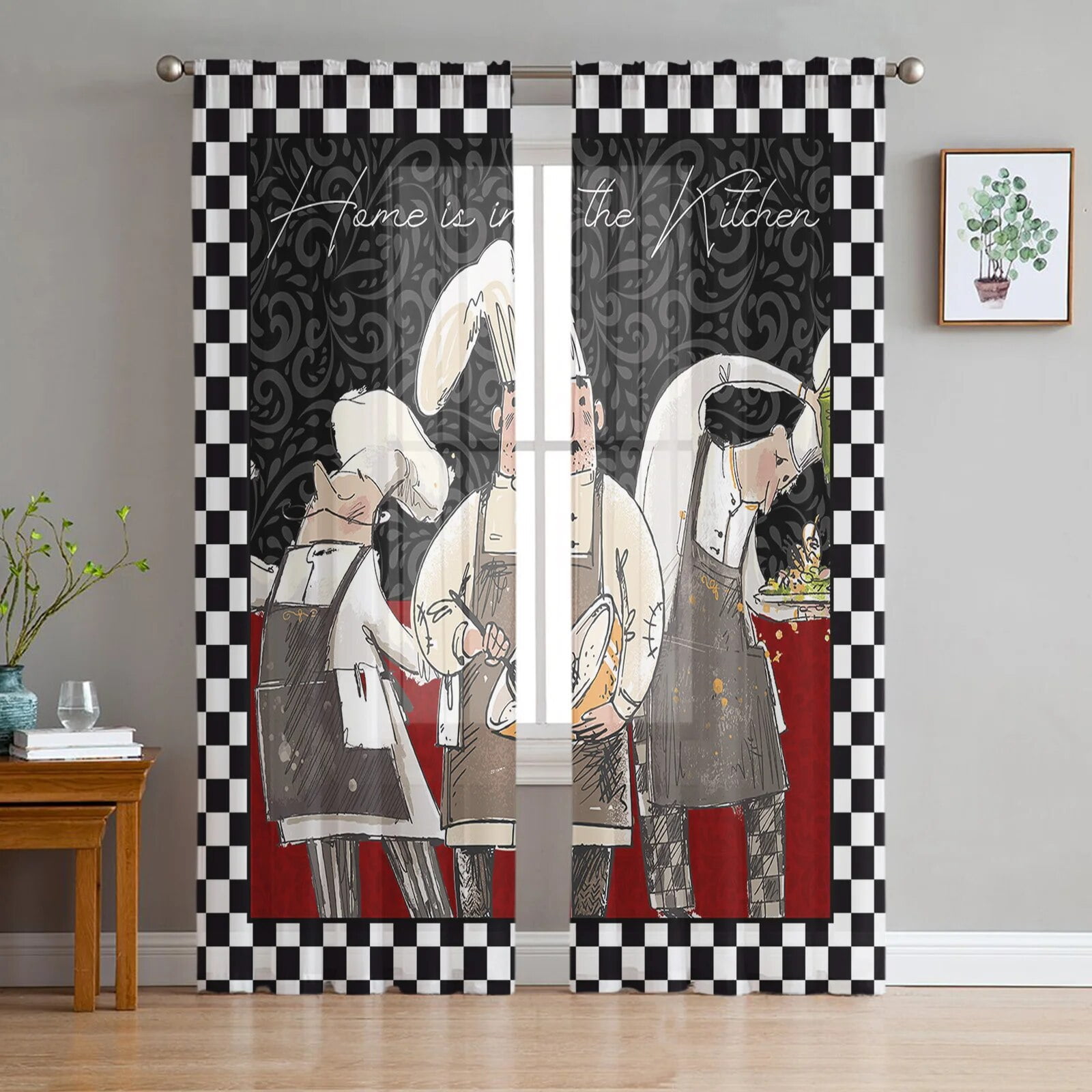 Black White Plaid Chefs Kitchen Food Retro Tulle Curtains Living Room ...