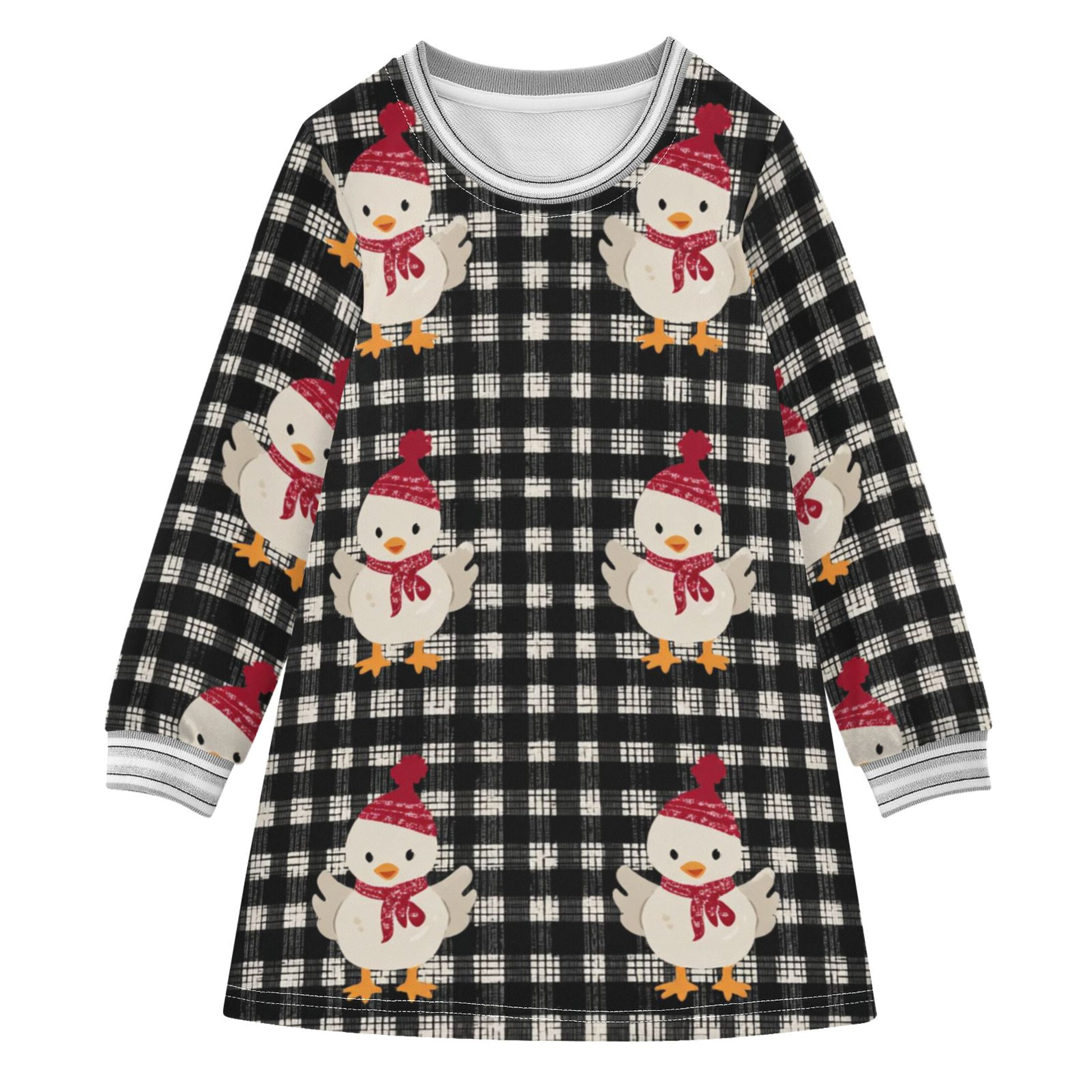 Black White Plaid Chicken in Christmas Long-sleeved Dress A-line One ...