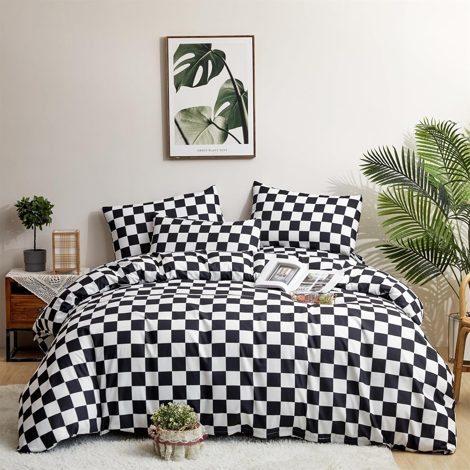 Black and White Plaid Comforter Set Queen Size with Black Grid Design ...