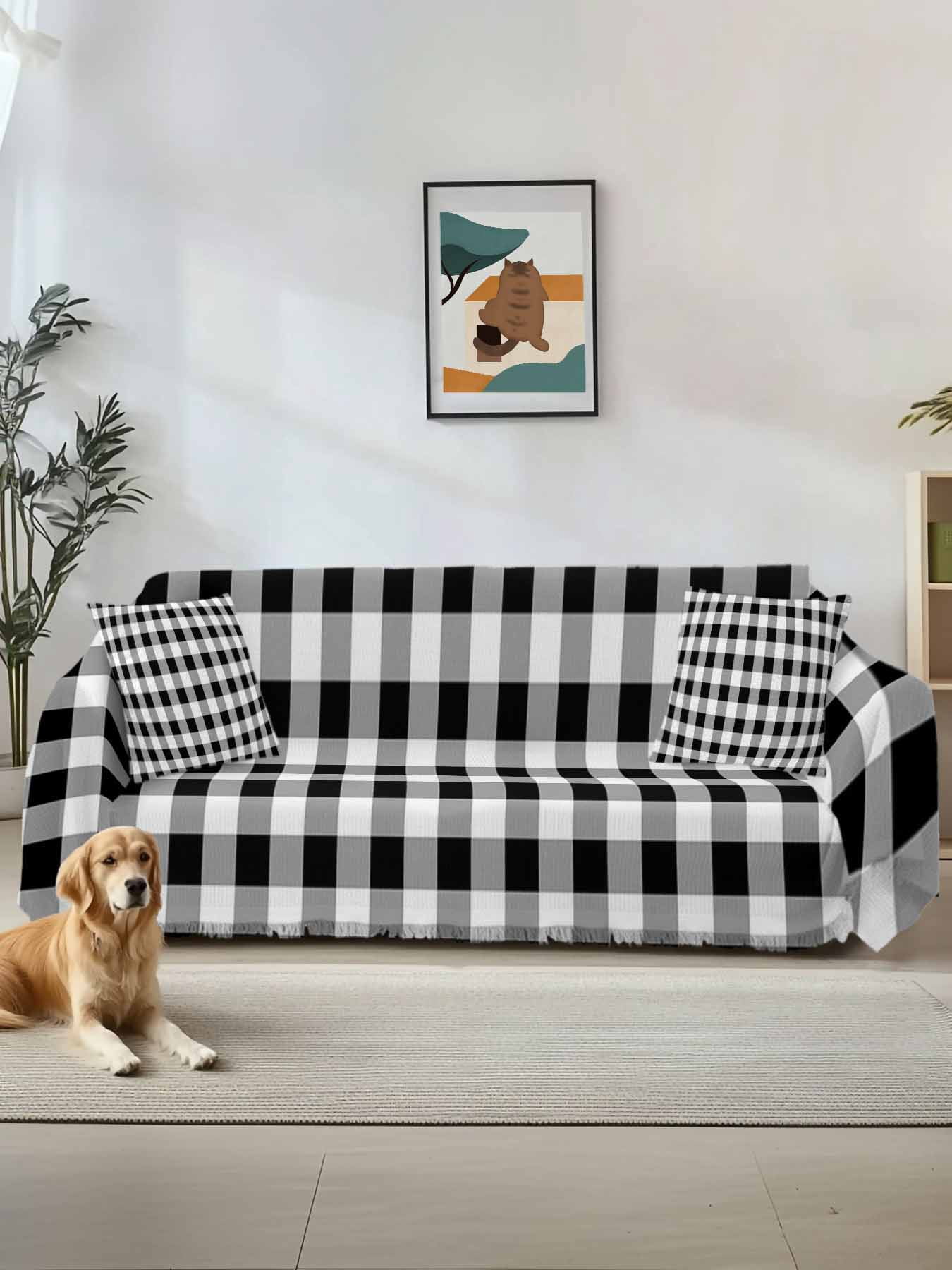 Black and White Plaid Couch Cover for 2 Cushion Sofa, Farmhouse ...