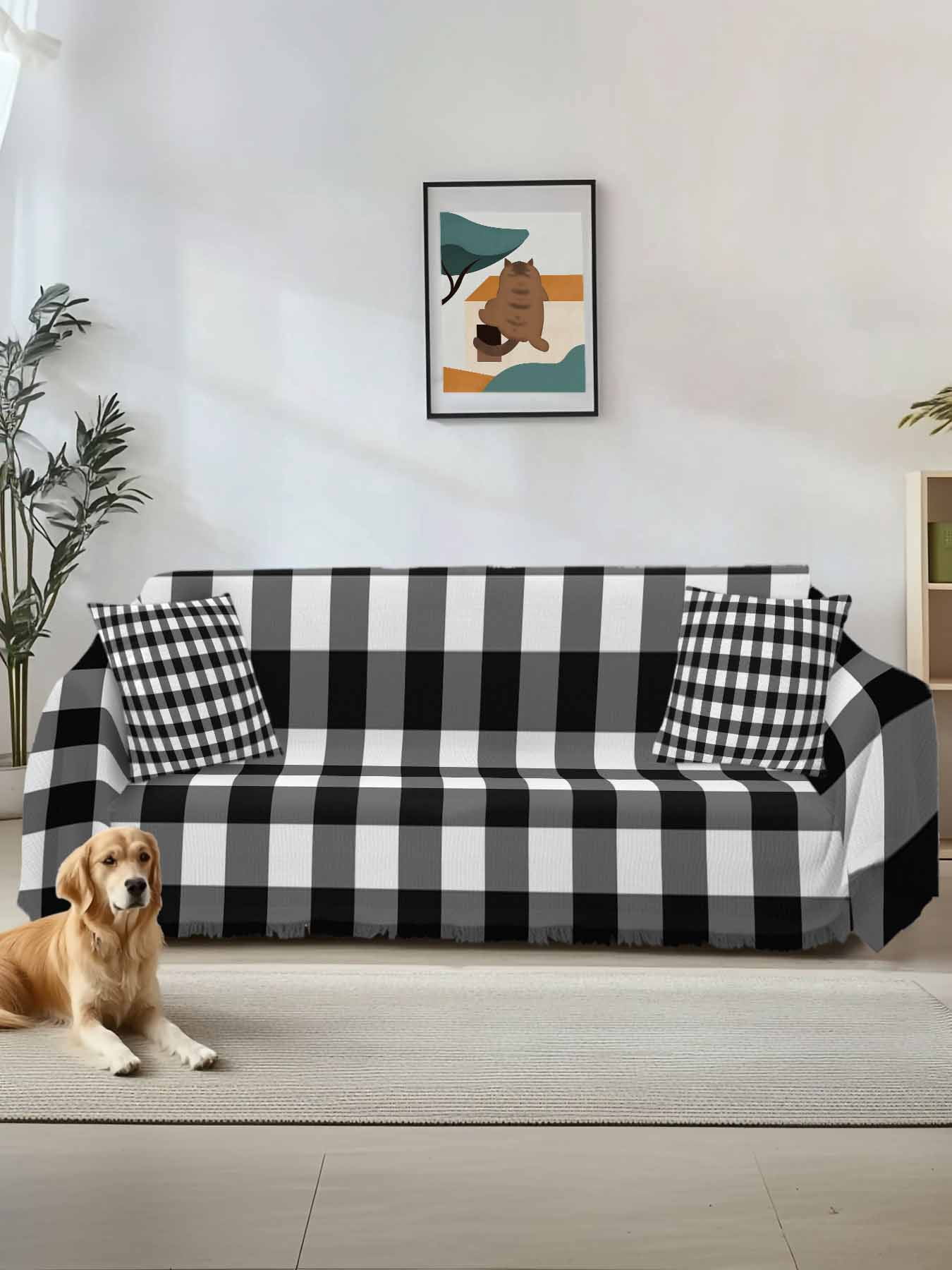 Black White Plaid Couch Cover, Modern Simple Buffalo Check Gingham Sofa ...
