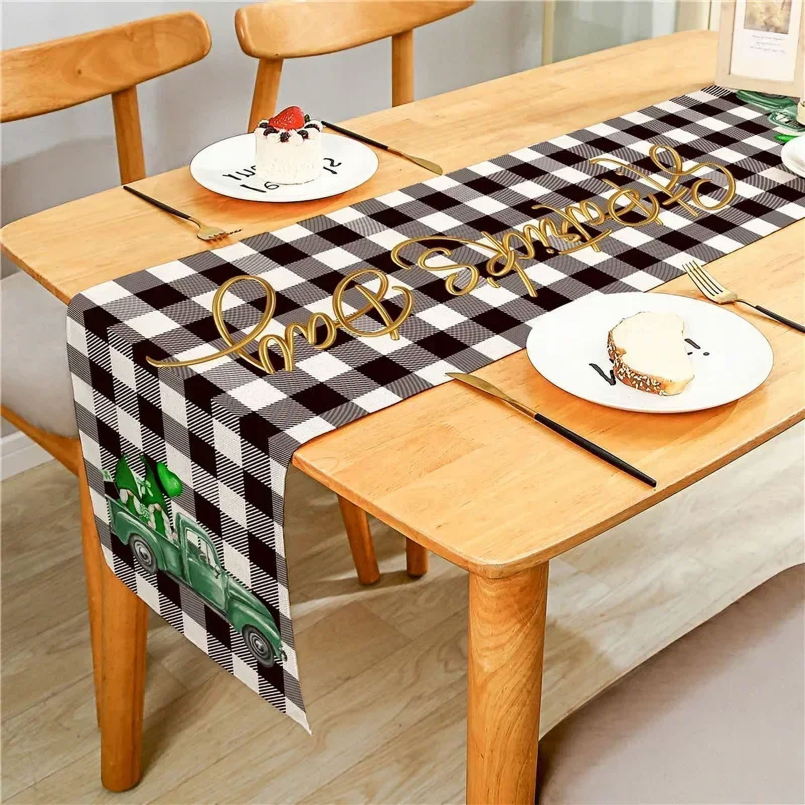 Black White Plaid Dwarfs St.Patrick’s Day Linen Table Runner Cloth ...
