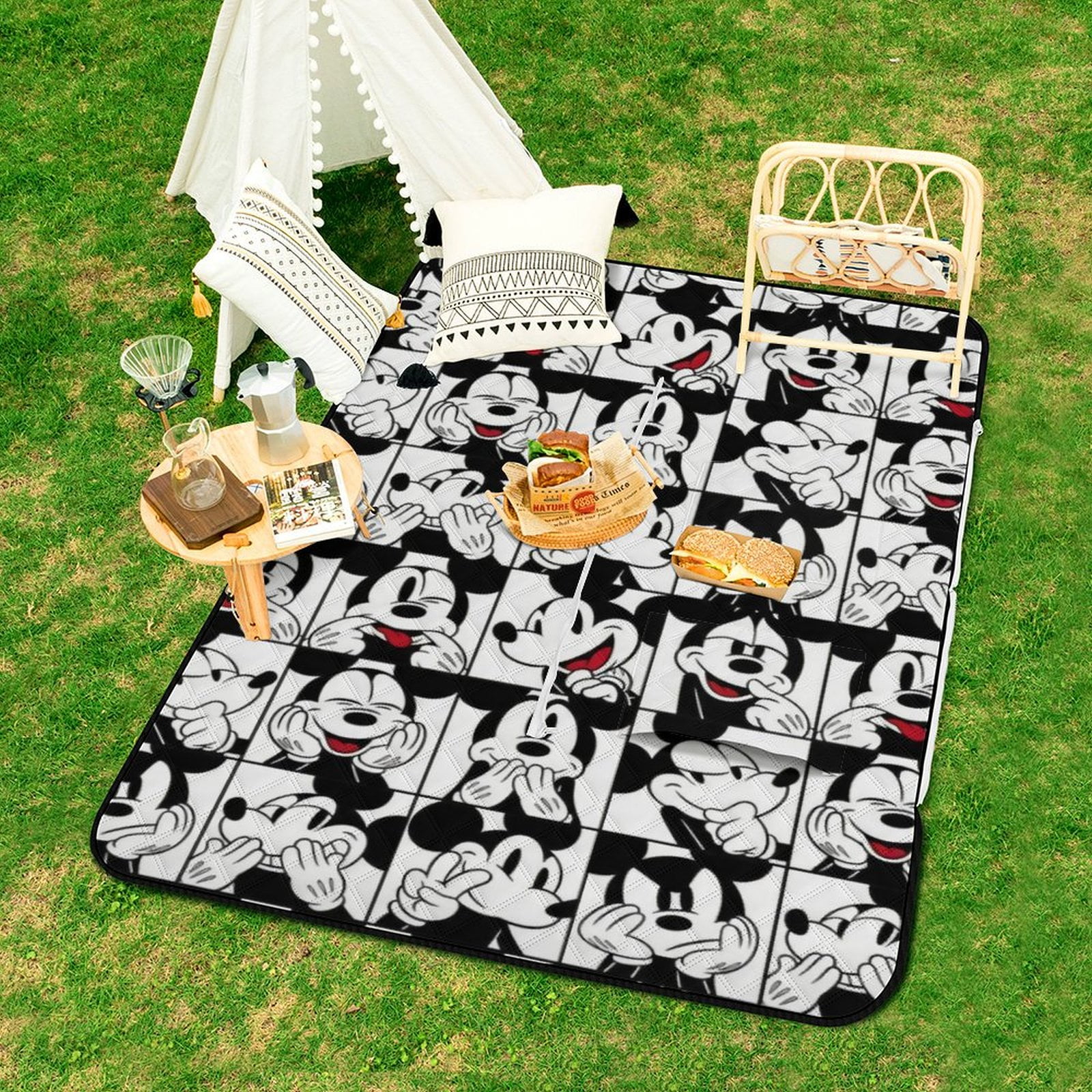 Black White Plaid Mickey Mouse Picnic Blankets Extra Large - Beach ...