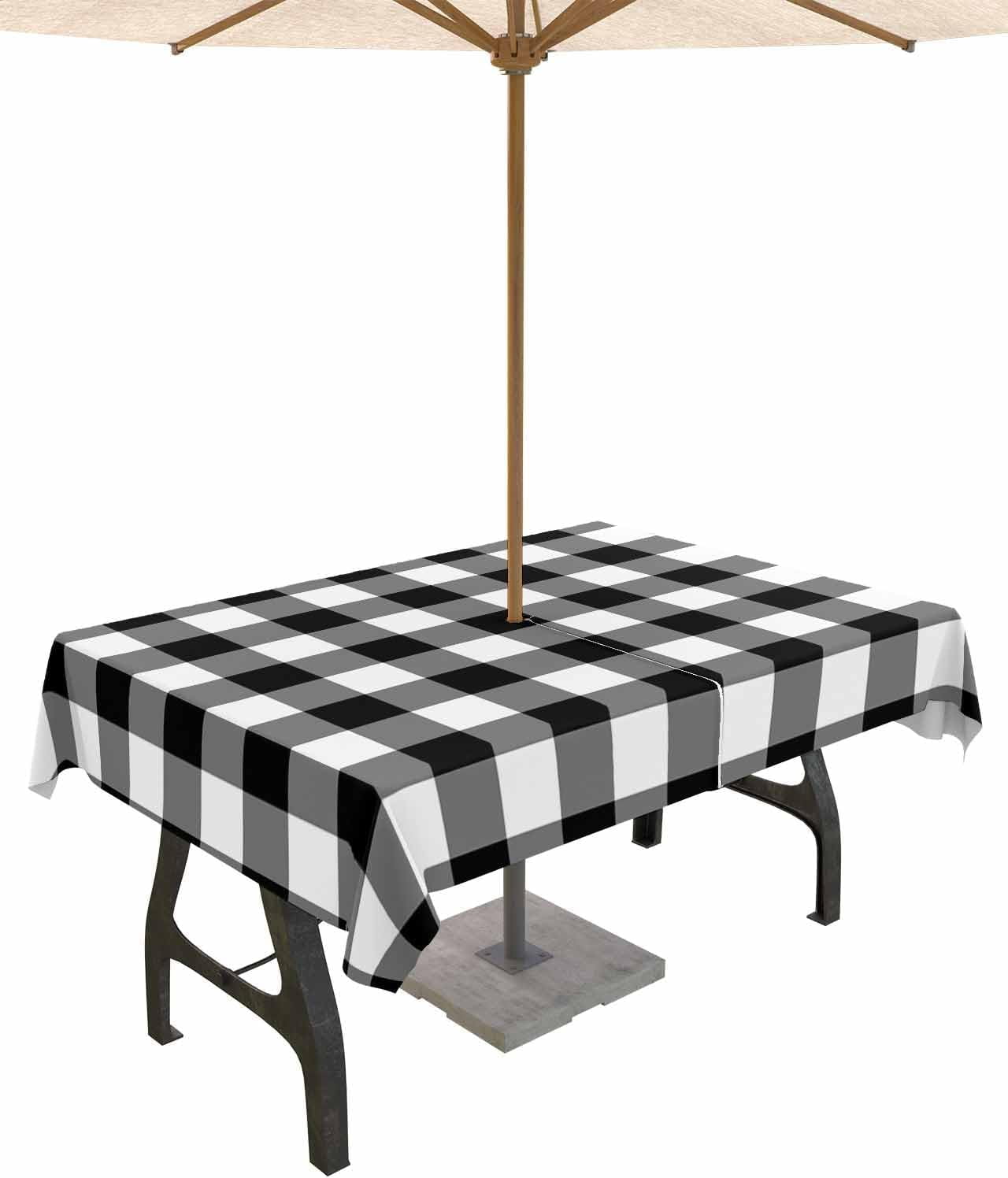 Black White Plaid Outdoor Tablecloth with Umbrella Hole Rectangle ...