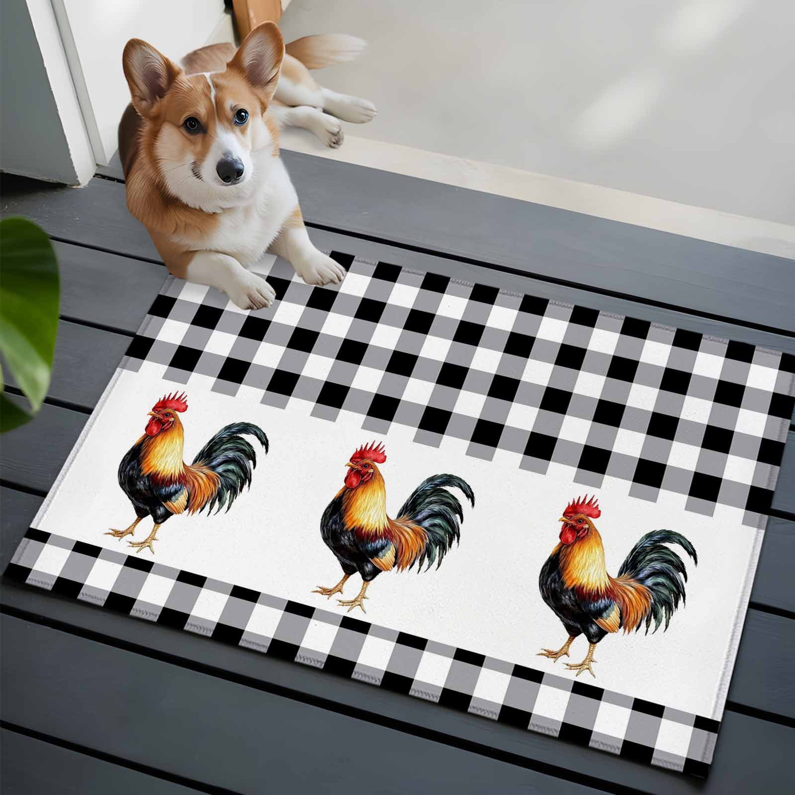 Black White Plaid Rooster Bathroom Mat 2x3 FT, Non Slip Small Kitchen ...