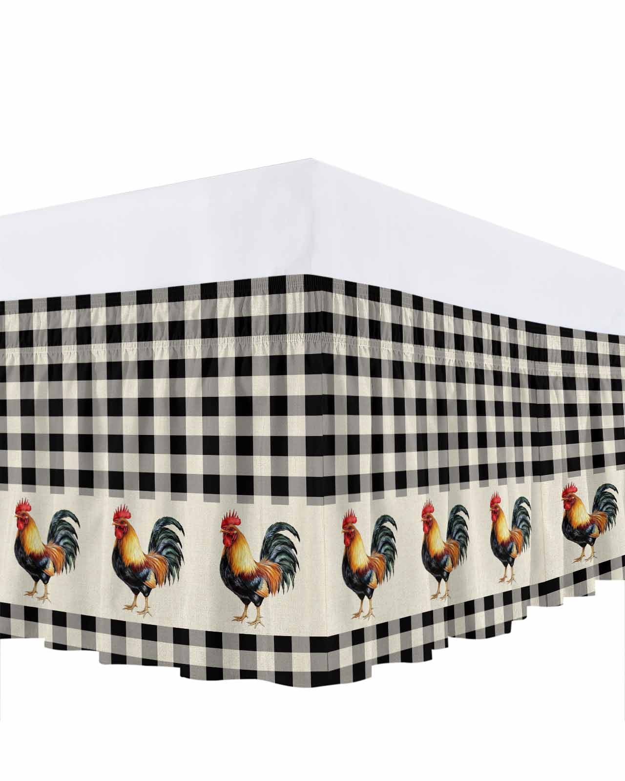 Black White Plaid Rooster Bed Skirt King Size, Vintage Farmhouse ...