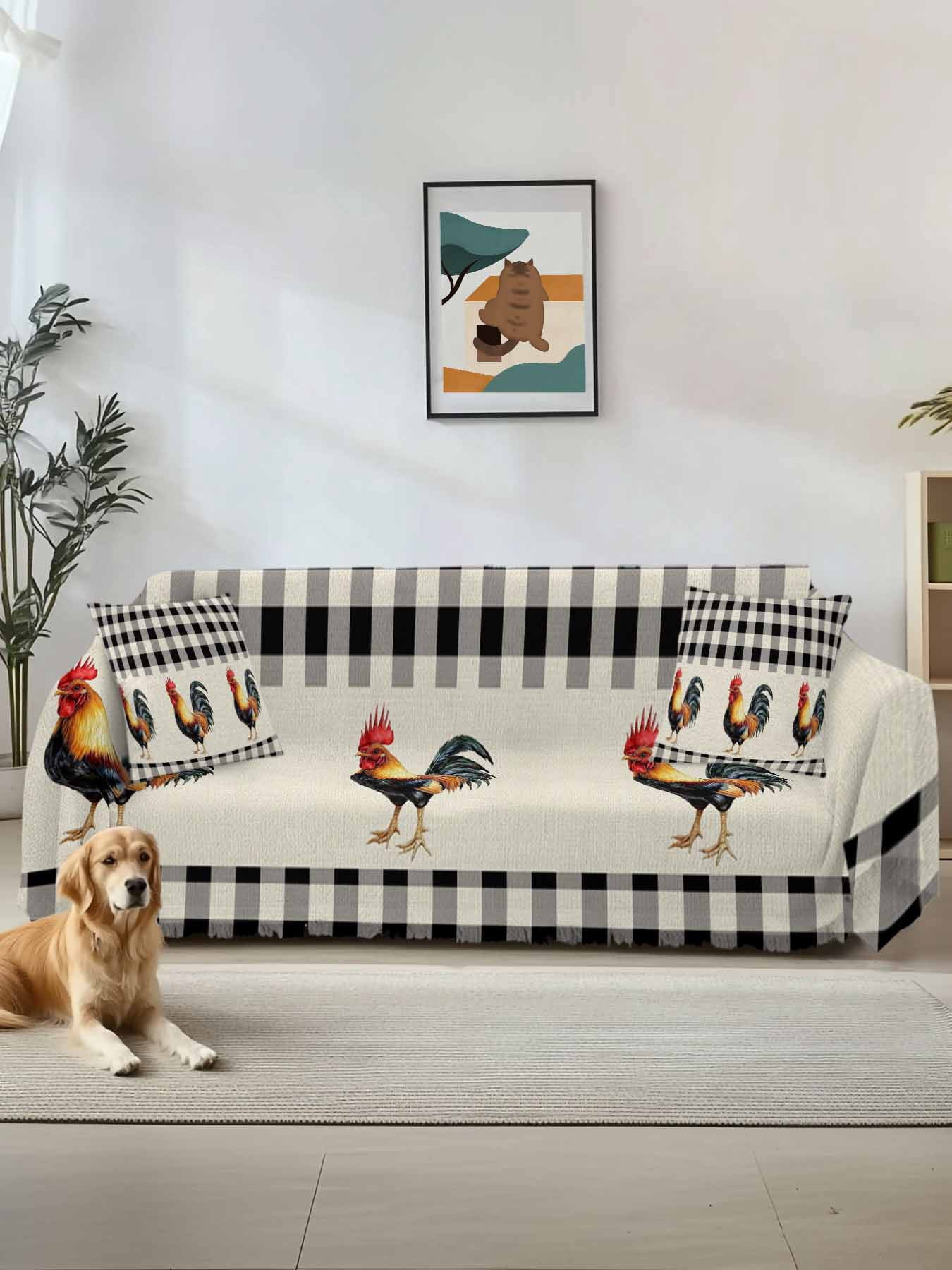 Black White Plaid Rooster Couch Cover for 2 Cushion Couch, Vintage ...