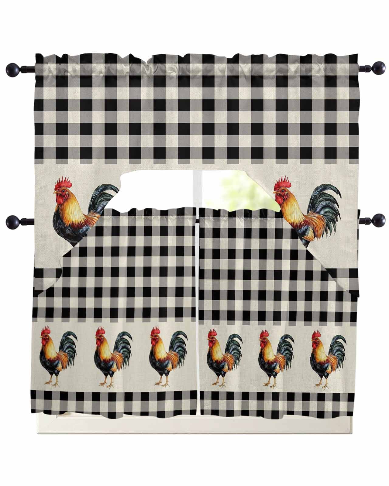 Black White Plaid Rooster Kitchen Curtains Sets 36 Inch Length with ...