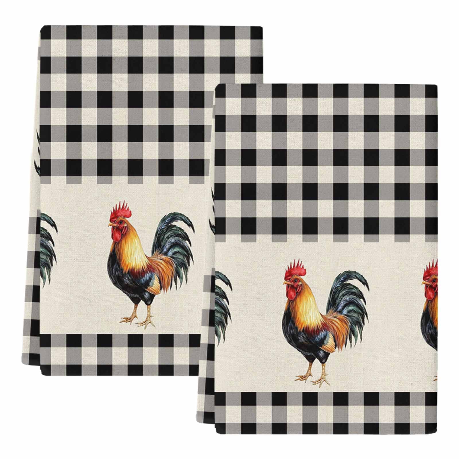 Black White Plaid Rooster Kitchen Towels Set of 2, Vintage Farmhouse ...