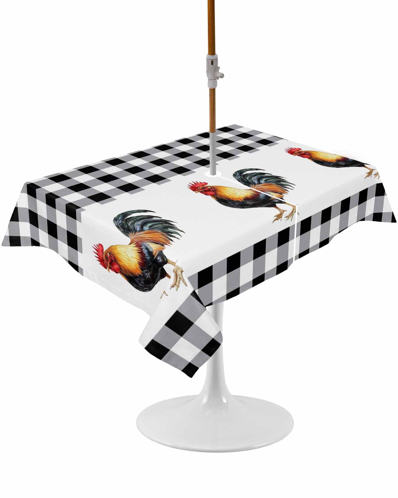 Black White Plaid Rooster Rectangle Outdoor Tablecloth, Waterproof ...