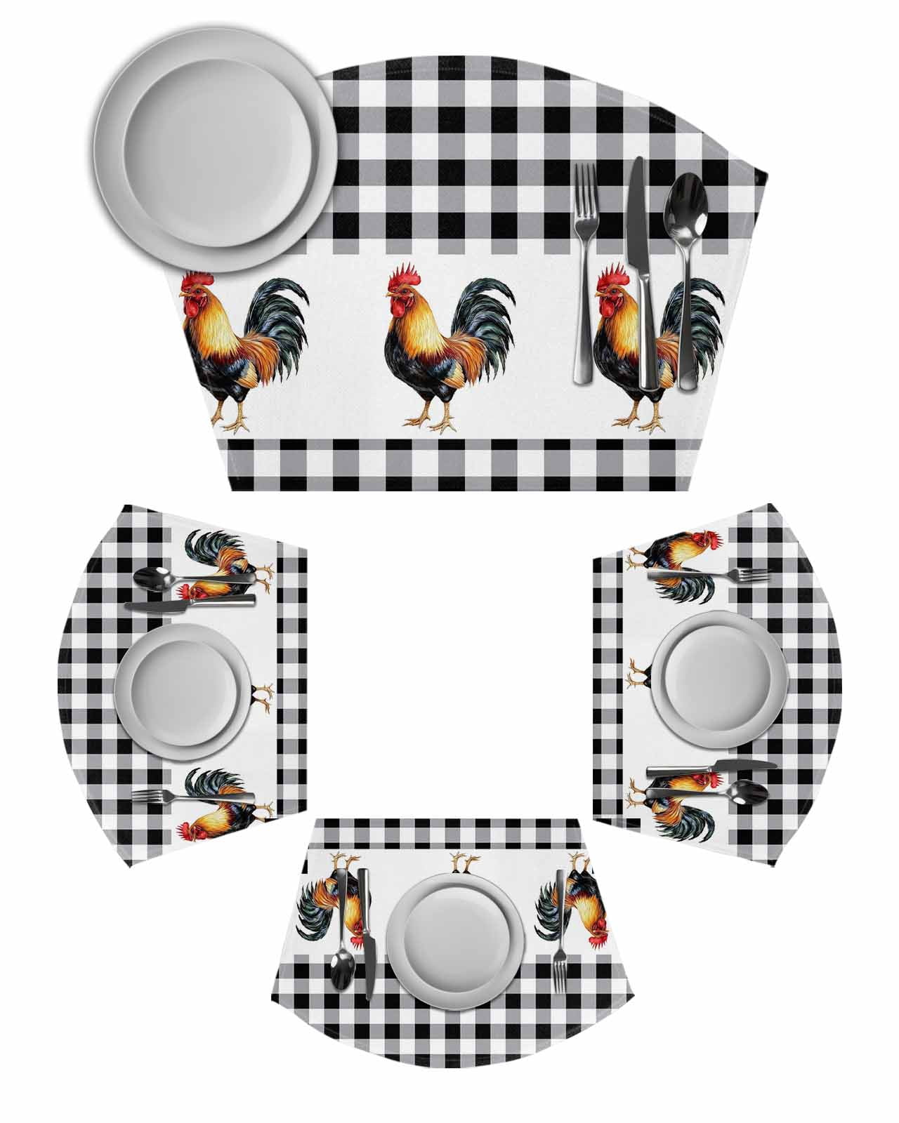 Black White Plaid Rooster Round Table Placemats Set of 6 Wedge ...