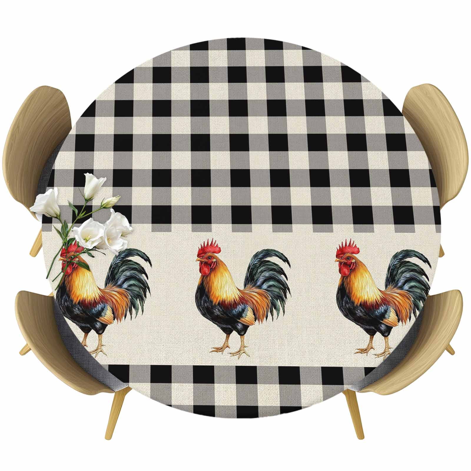 Black White Plaid Rooster Round Tablecloth 45-54 Inch Round Fitted ...