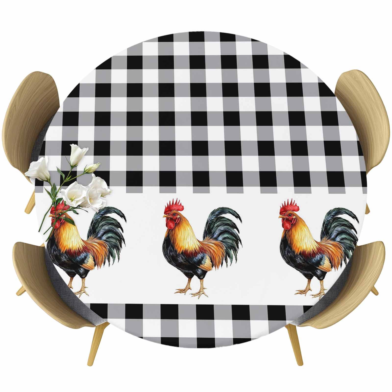 Black White Plaid Rooster Round Tablecloth 55-60 Inch Round Fitted Table Cloth with Elastic Edge ...