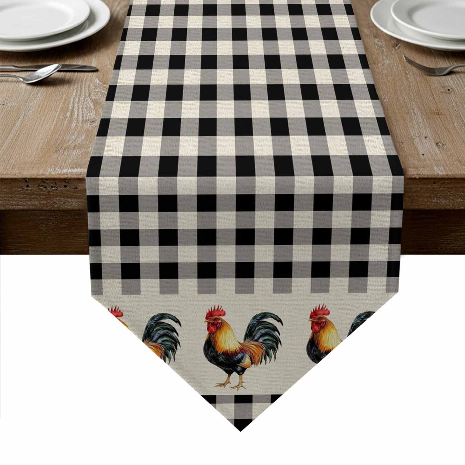 Black White Plaid Rooster Table Runner Linen Burlap Table Runner 72 ...
