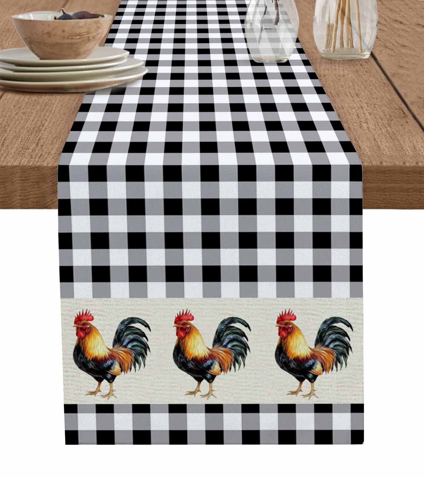 Black White Plaid Rooster Table Runner Vintage Farmhouse Checkered ...