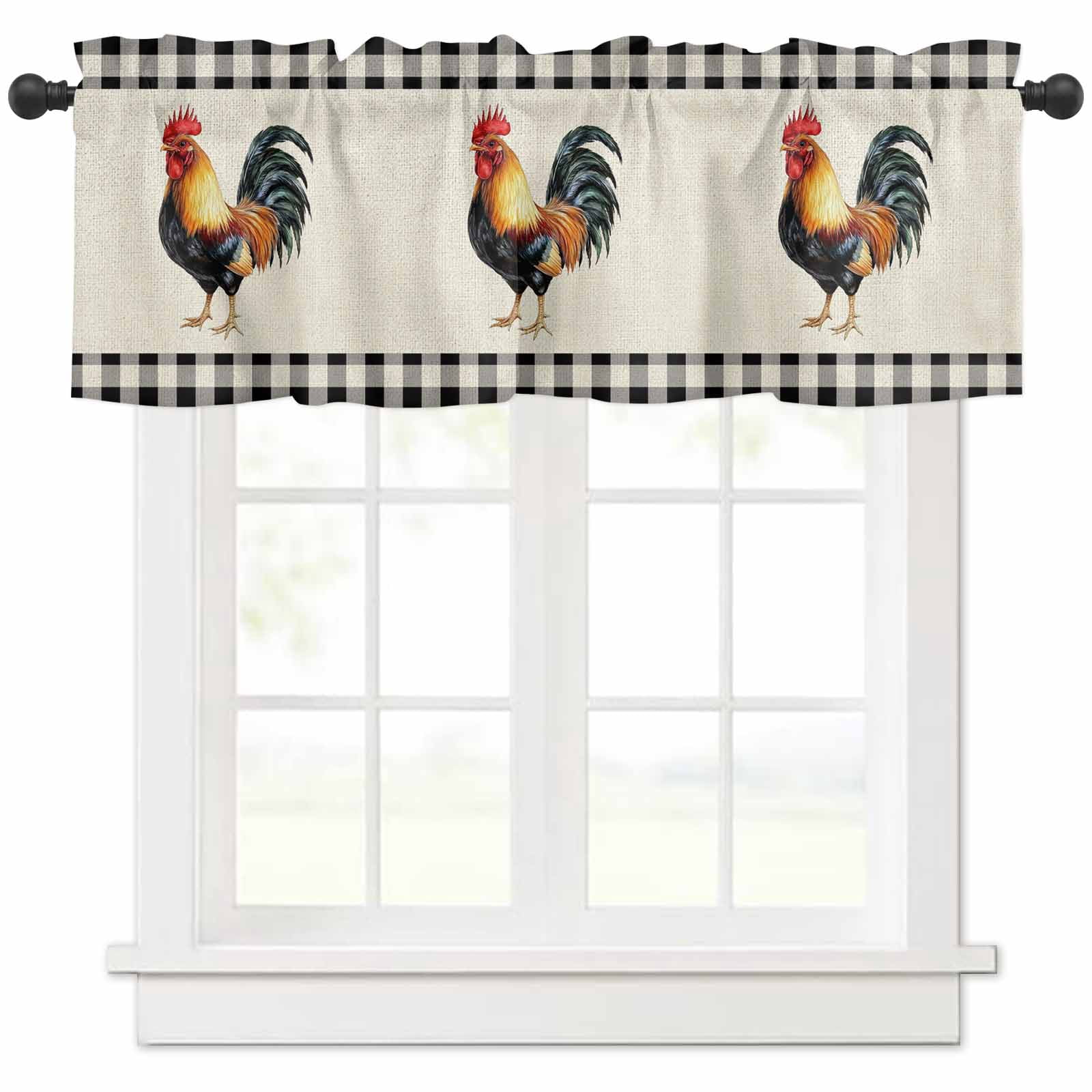 Black White Plaid Rooster Valances for Windows Farmhouse Kitchen ...